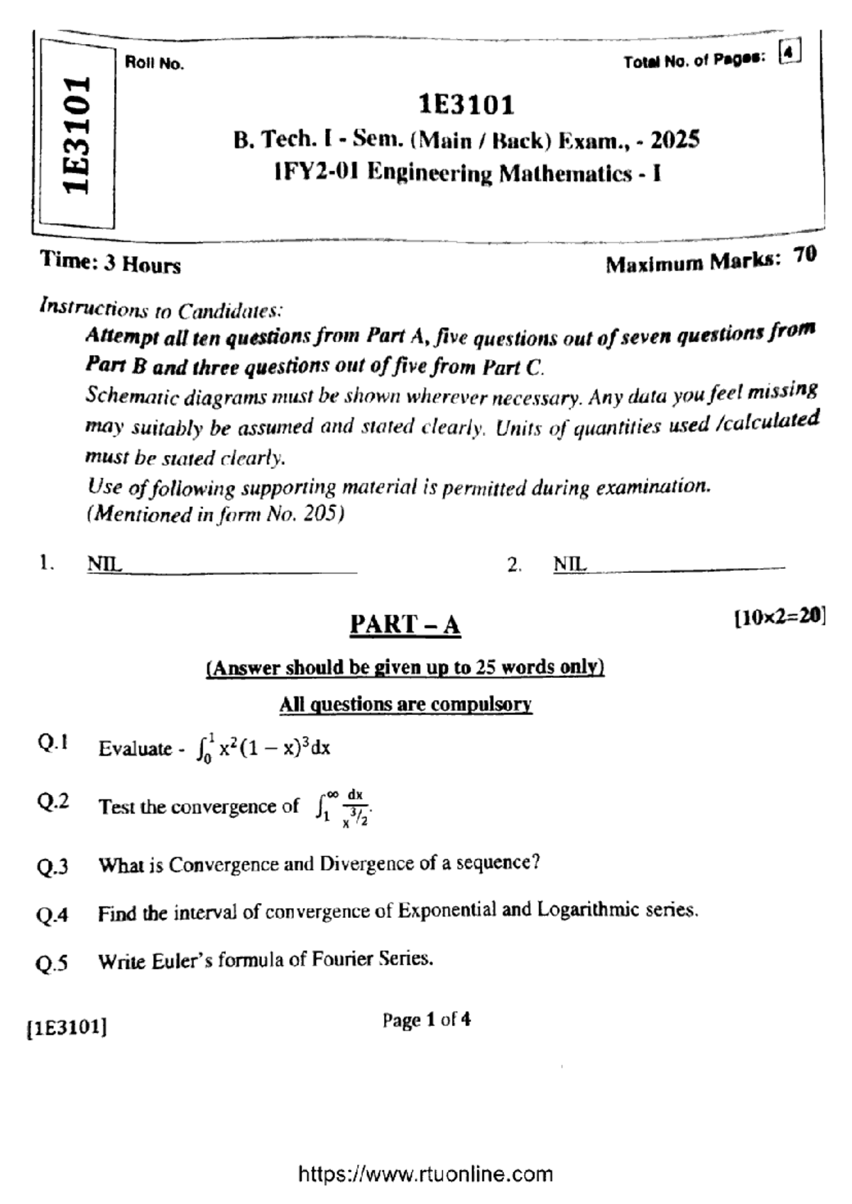 B. Tech I Sem 1E3101 Engineering Mathematics I Exam Paper 2025 - Studocu