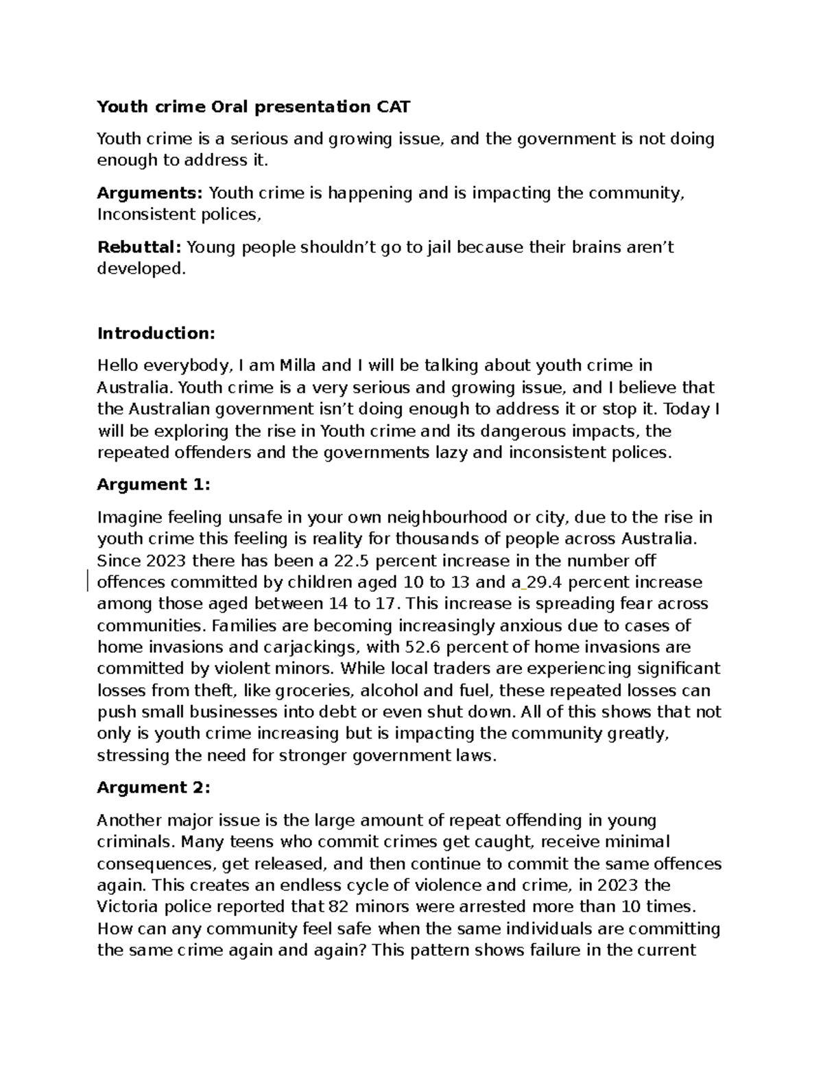 Youth Crime Oral Presentation CAT: Addressing the Growing Issue - Studocu