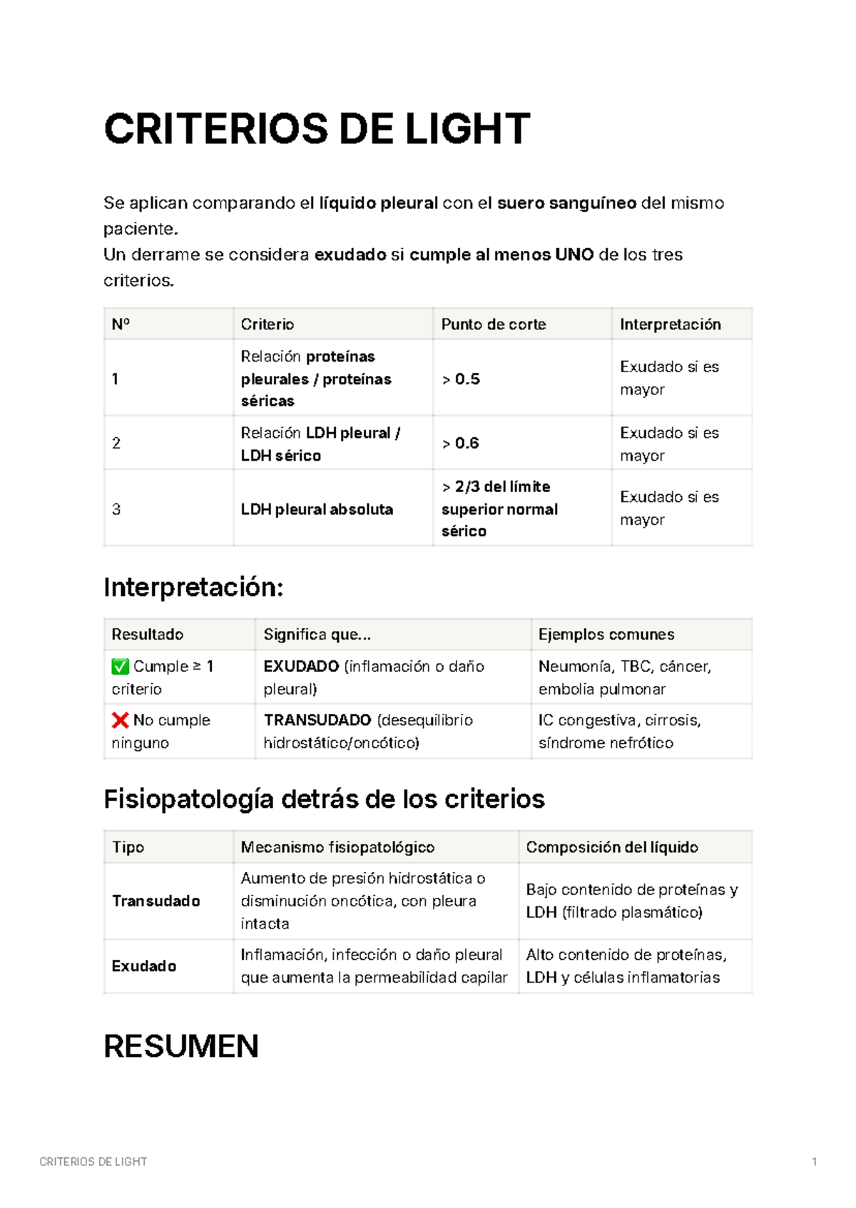 Criterios de Light para Diagnóstico de Derrames Pleural - Clínica - Studocu