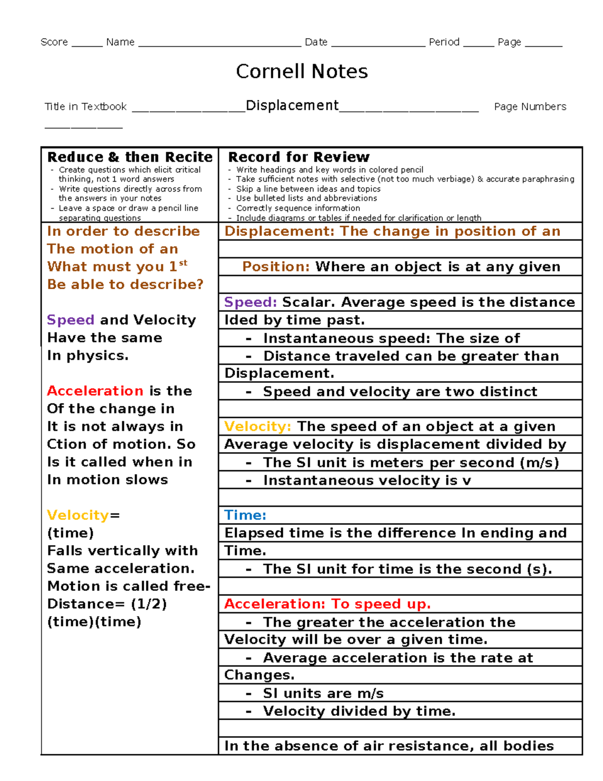Cornell Notes on Motion: Displacement, Speed, and Acceleration - Studocu