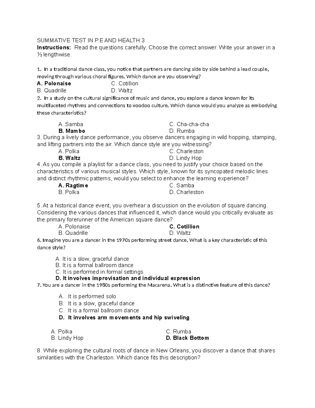 Summative TEST IN P - p.e test - SUMMATIVE TEST IN P AND HEALTH 3 ...