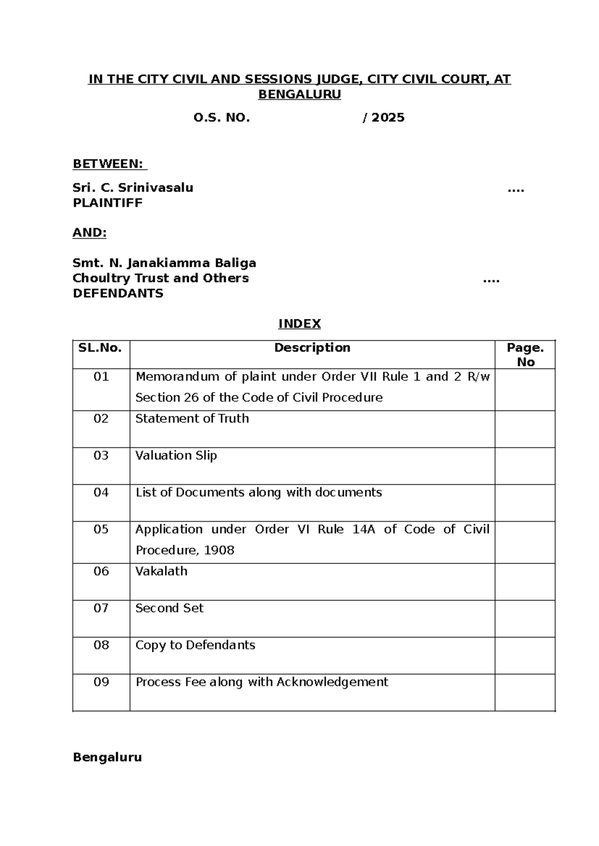 O.S. NO. 2025: Plaintiff's Memorandum of Plaint and Affidavit - Studocu