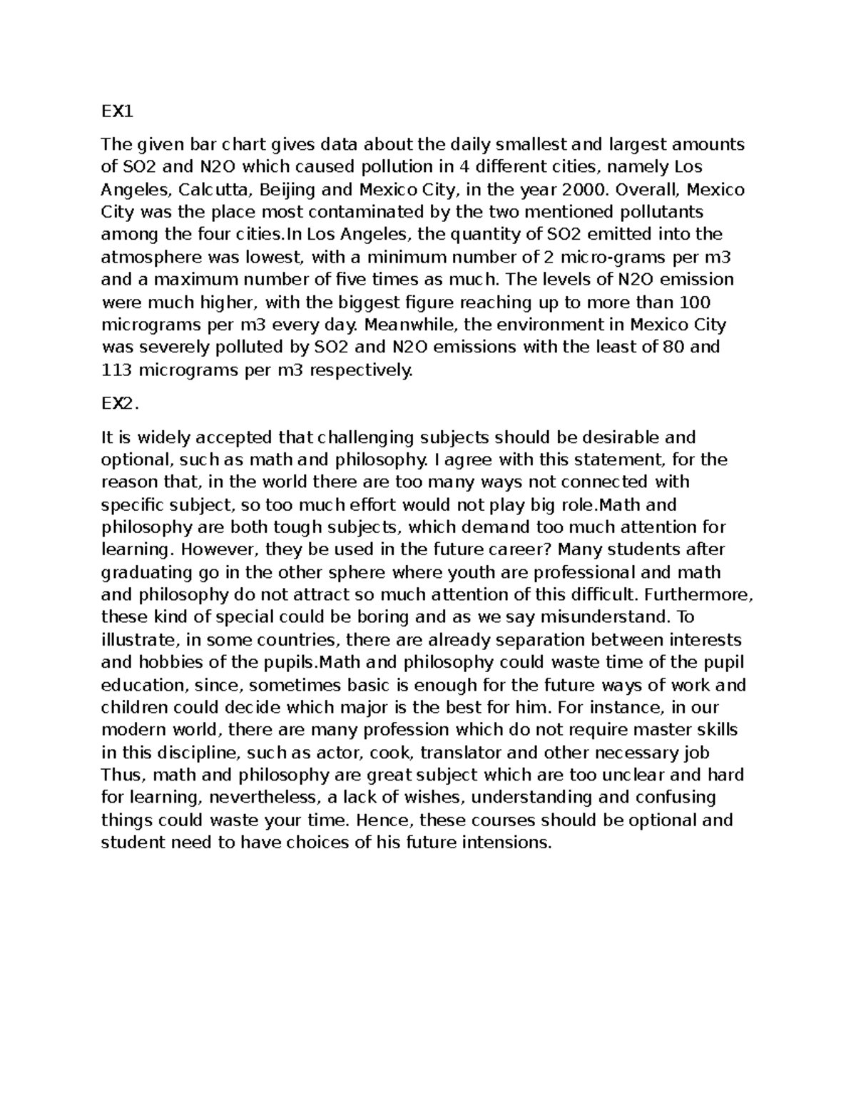 EX1: Pollution Levels of SO2 and N2O in 4 Major Cities - Studocu