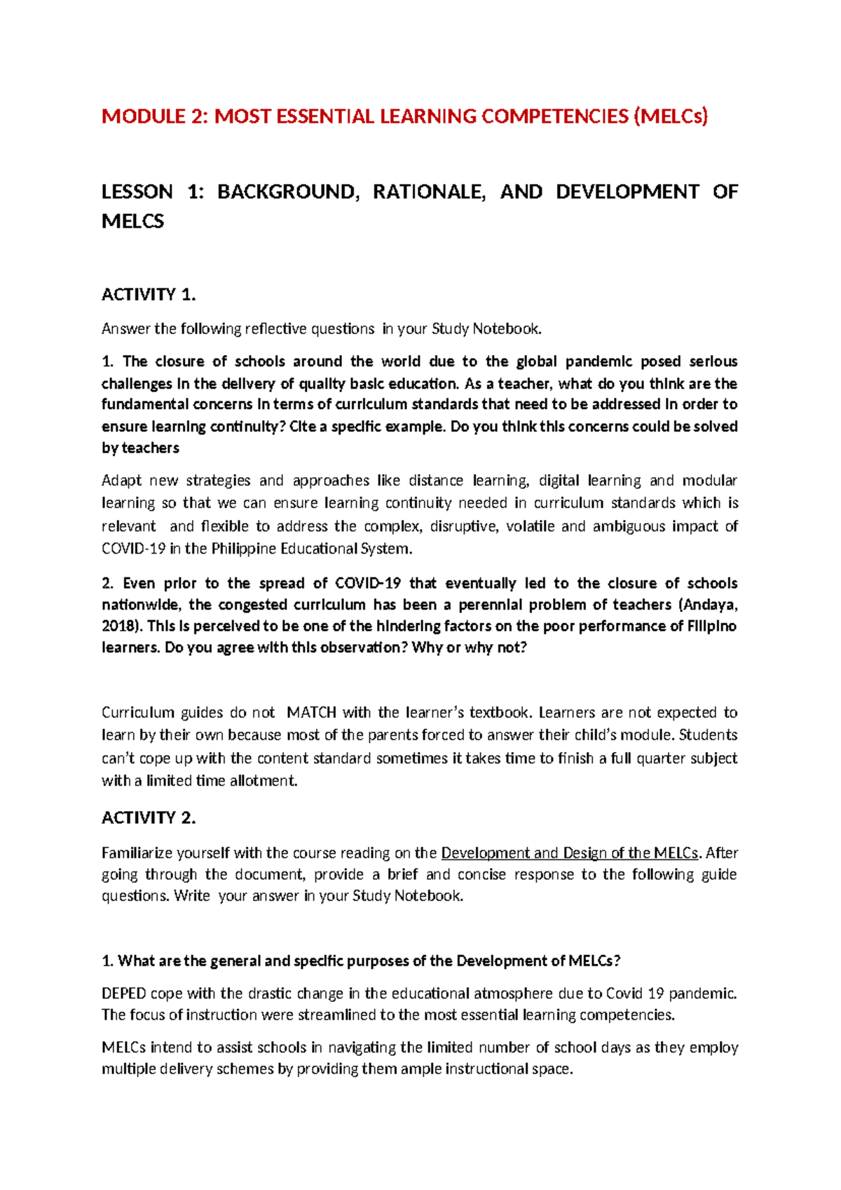Module 2-LAC Activity Answer - MODULE 2: MOST ESSENTIAL LEARNING ...