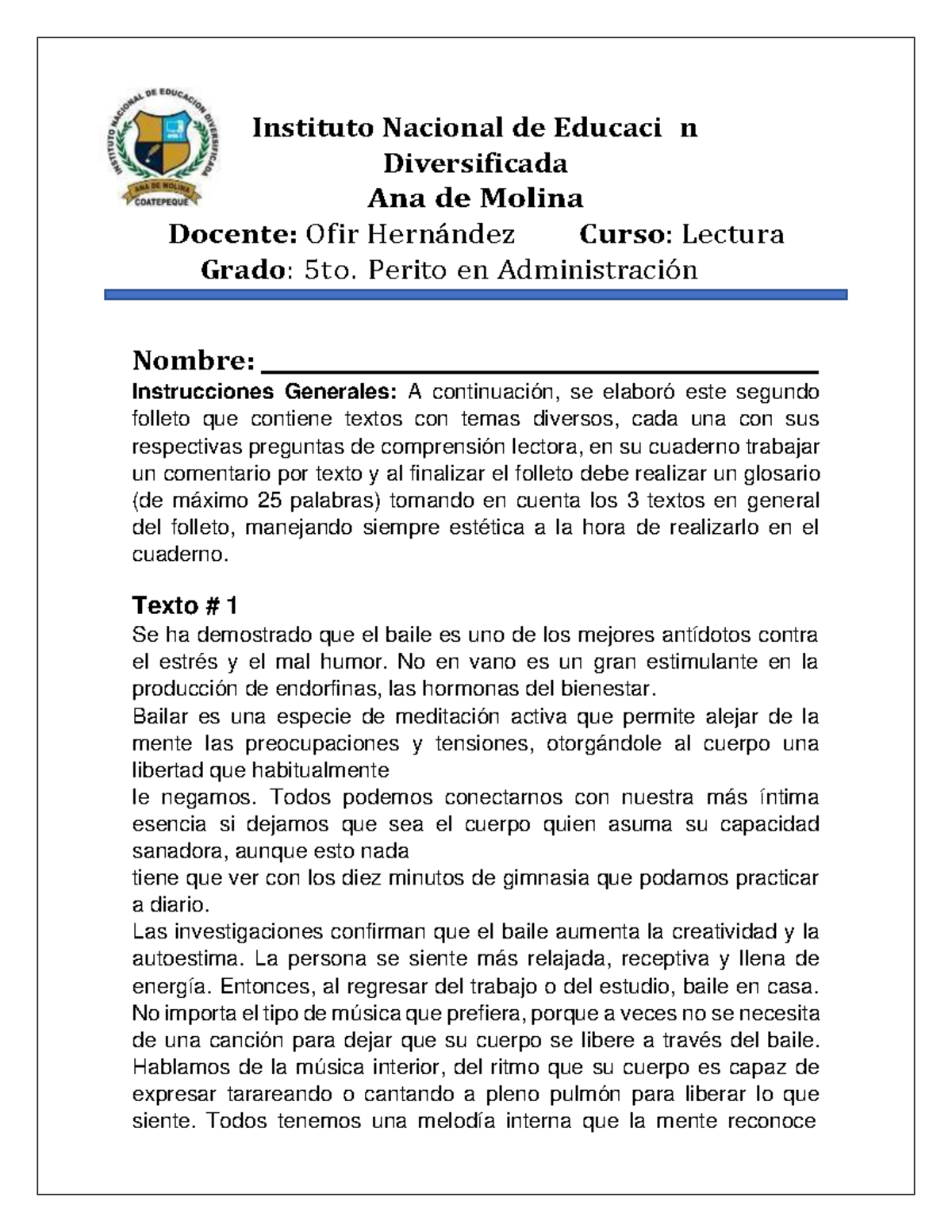 Folleto de Lectura 5to Grado: Comprensión Lectora y Glosario - Studocu