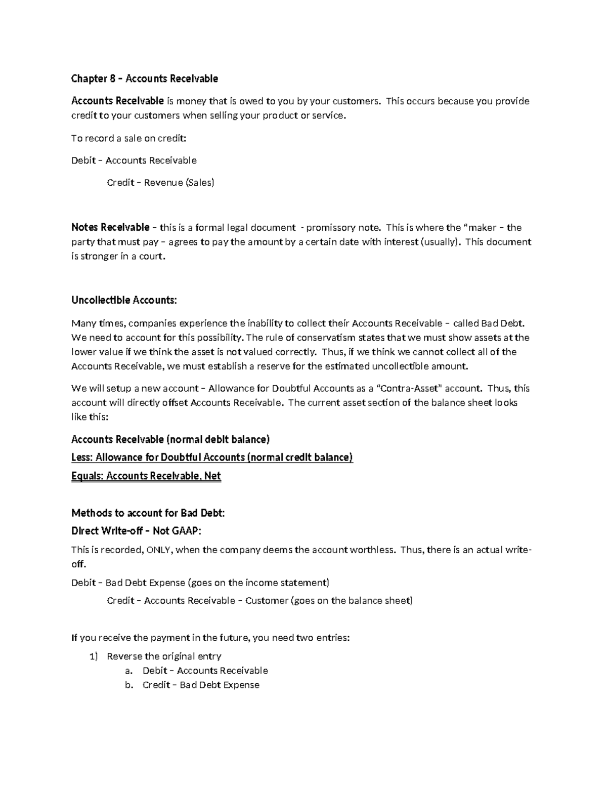 Chapter 8 Highlights - Key points - Chapter 8 – Accounts Receivable ...