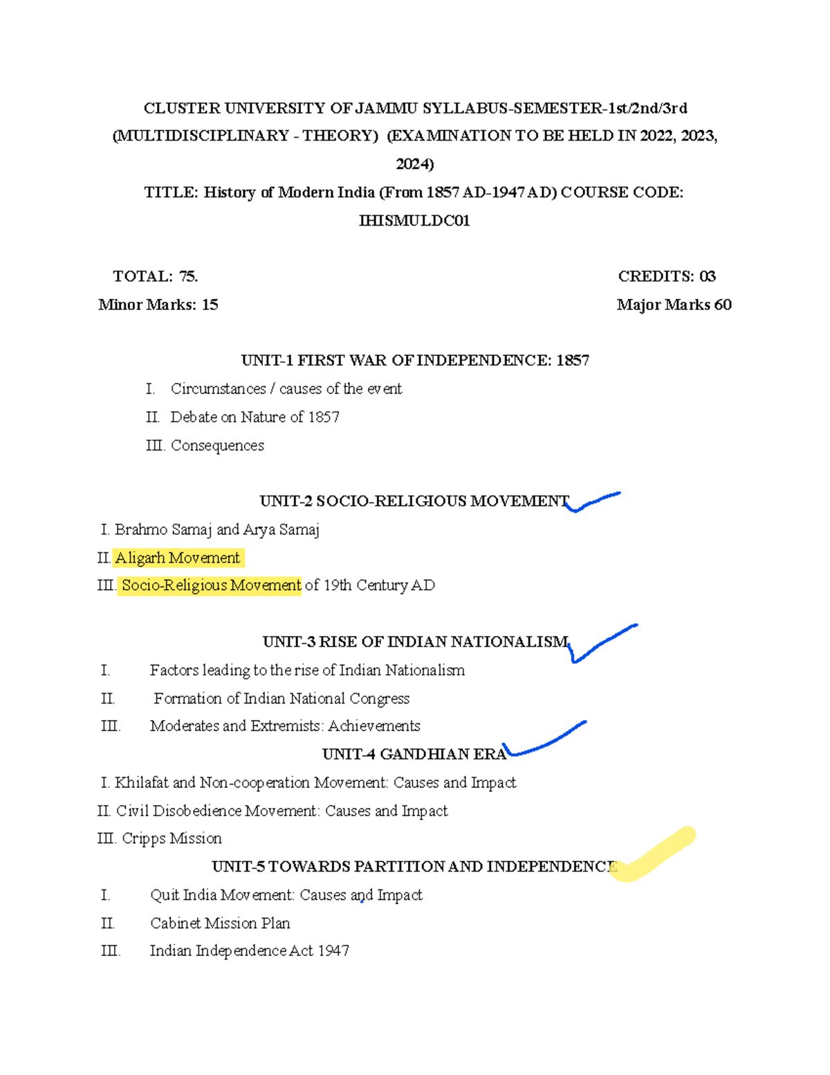 History of Modern India: First War of Independence (IHISMULDC01) - Studocu