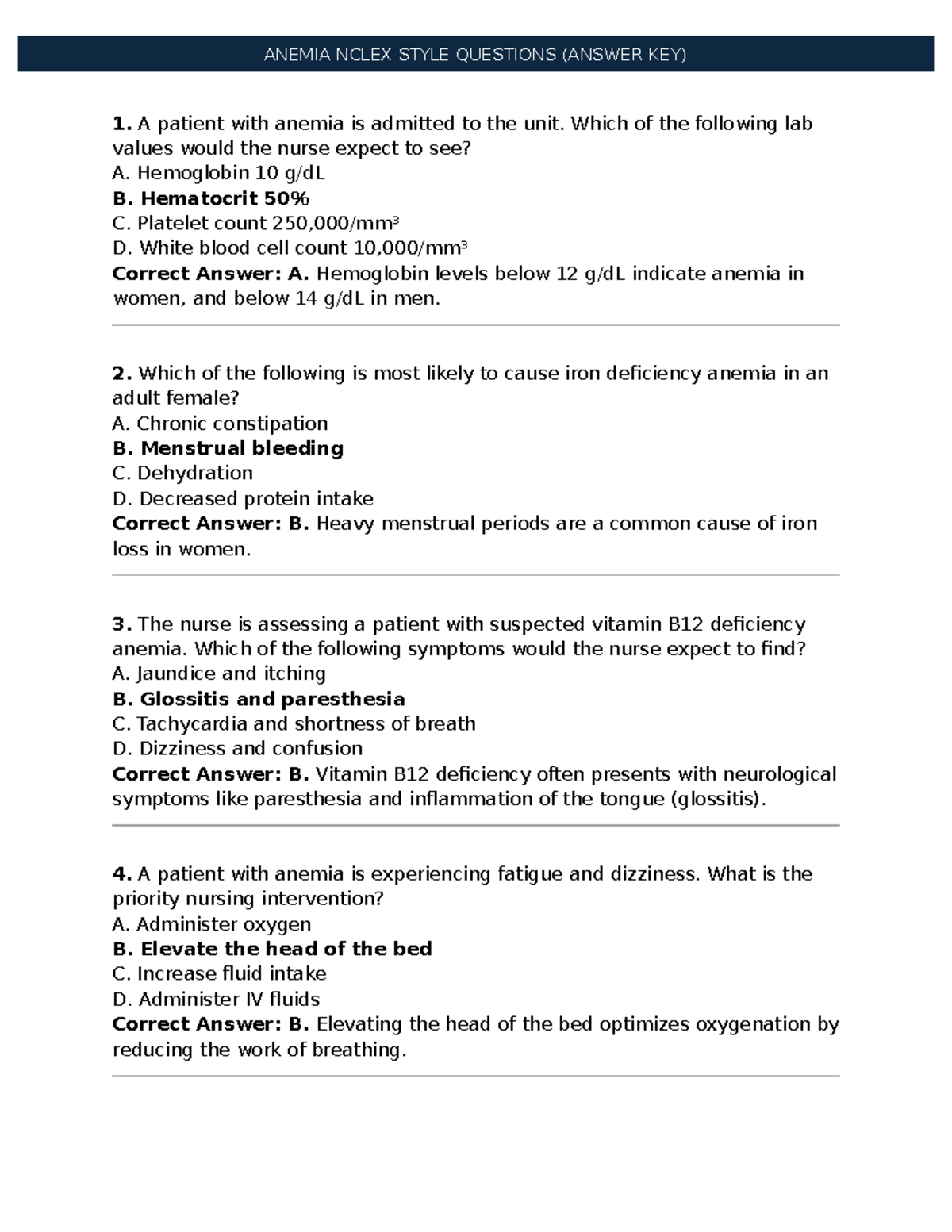 Anemia NCLEX-Style Questions with Answer Key for Study - Studocu