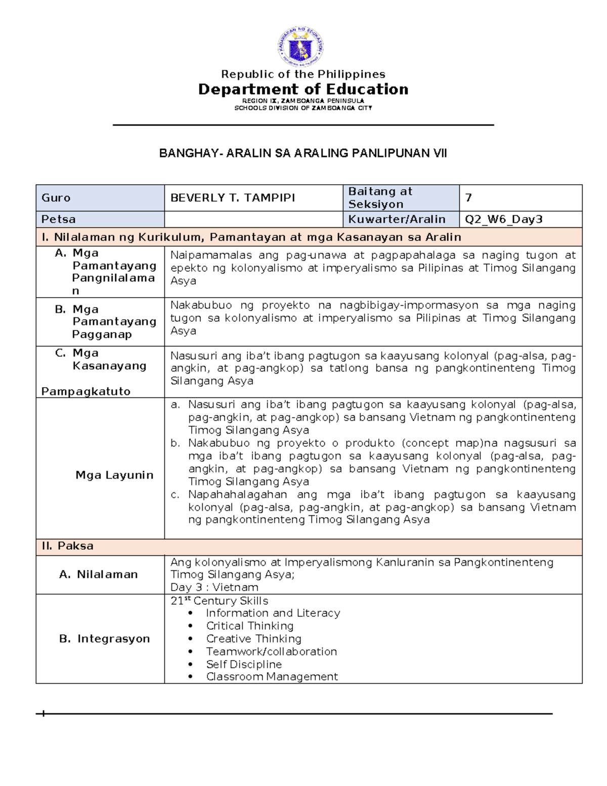 G7 Q2 W6 D3 - Lesson Plan on Colonialism in Southeast Asia - Studocu