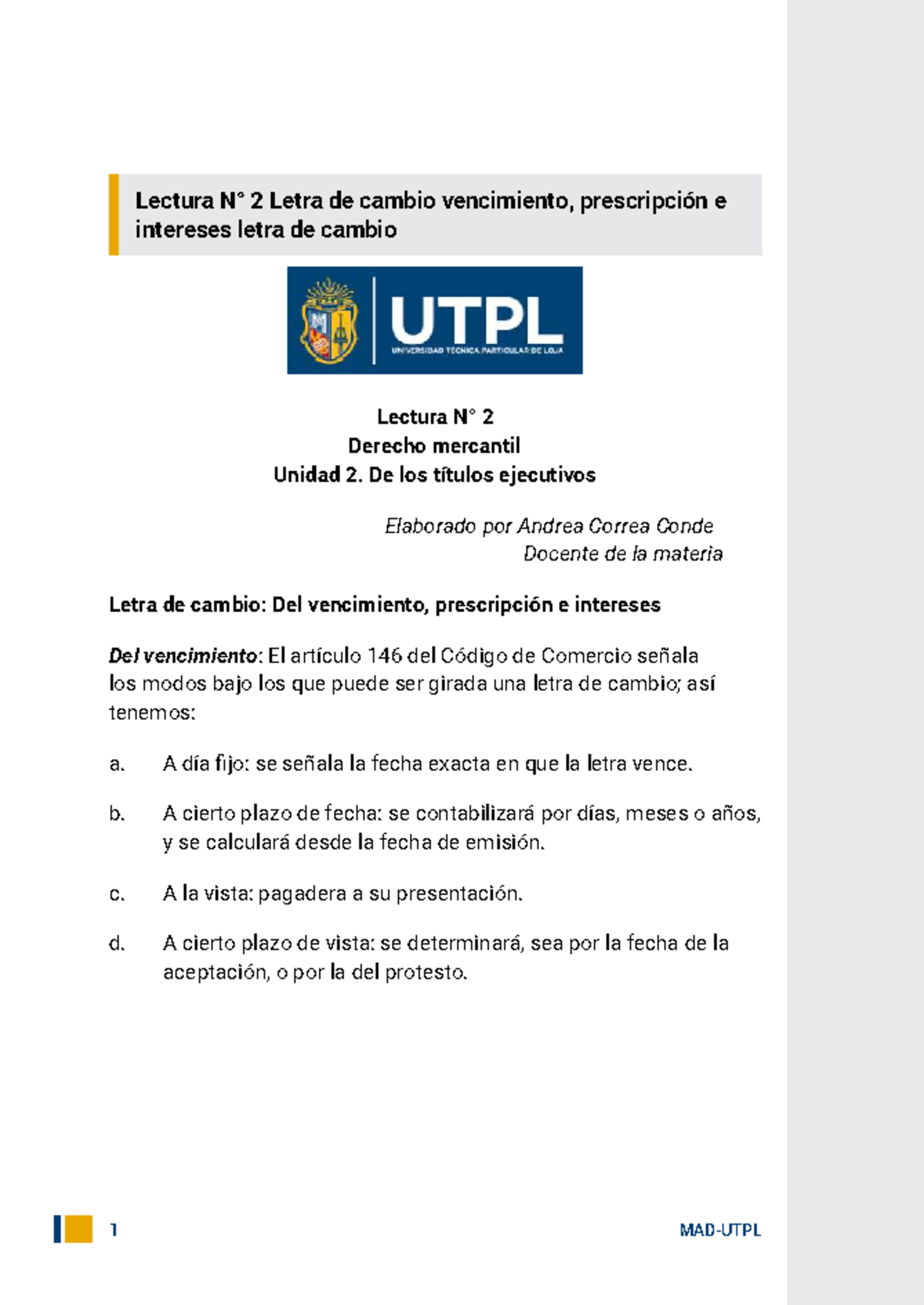 Lectura 2: Vencimiento, Prescripción e Intereses en Letra de Cambio ...