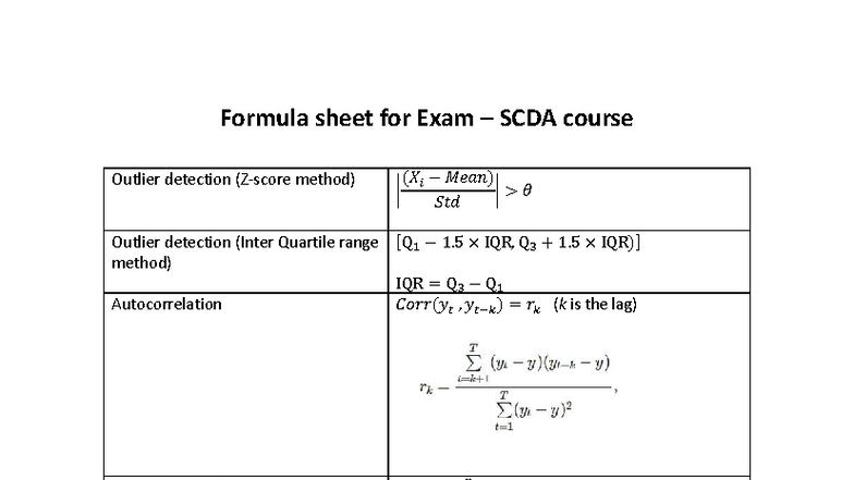 Formula Sheet for SCDA Exam: Outlier Detection & Error Metrics ...
