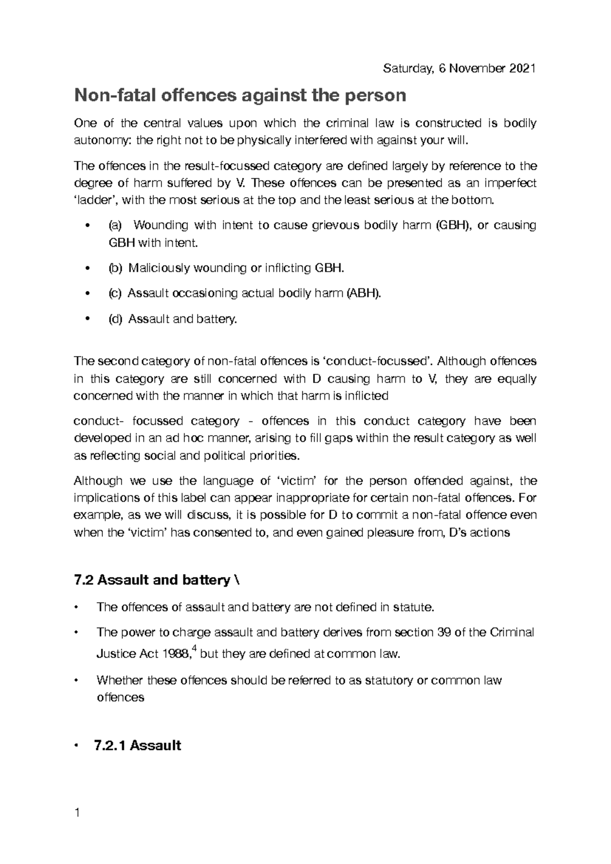 Non-fatal offences against the person Notes - Non-fatal offences ...