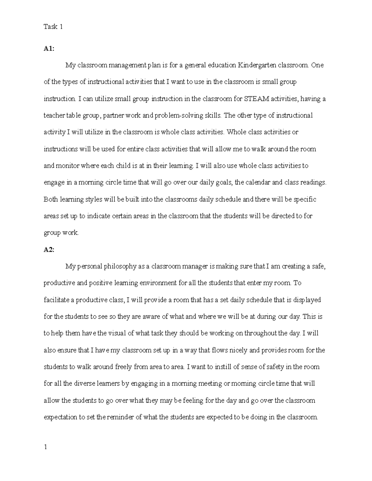 D170 Task 1: Classroom management plan for a kindergarten setting - Studocu