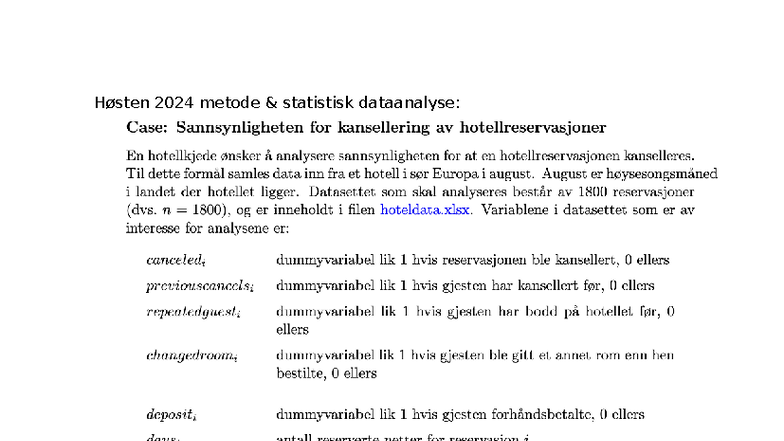 Høsten 2024 Metode Statistisk Dataanalyse: Case om Hotellreservasjoner ...