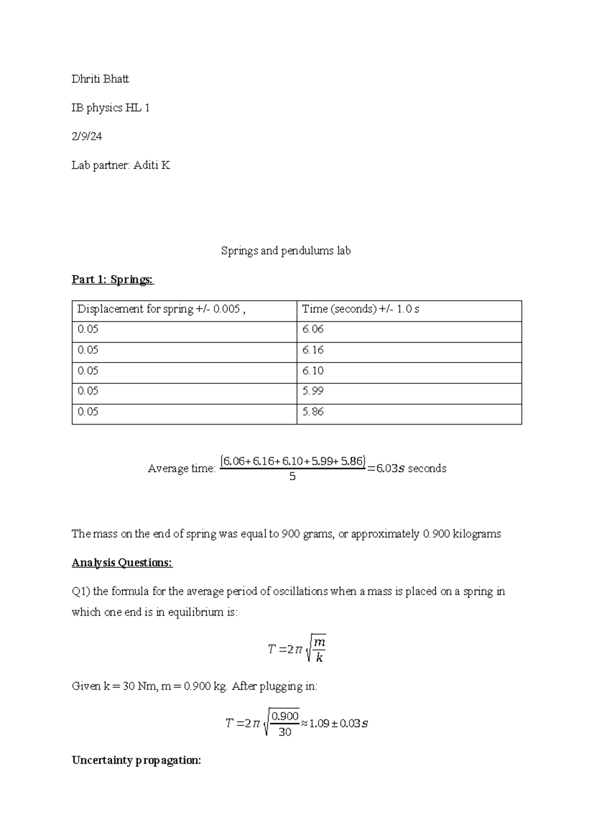 IB Physics HL 1: Springs and Pendulums Lab Analysis and Results - Studocu
