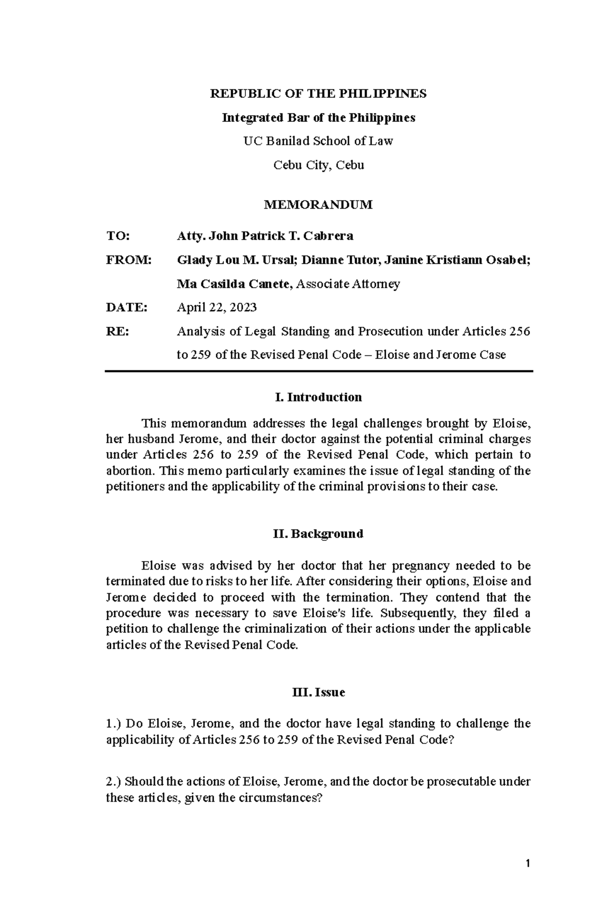 Legal Tech First Draft Memo - REPUBLIC OF THE PHILIPPINES Integrated ...