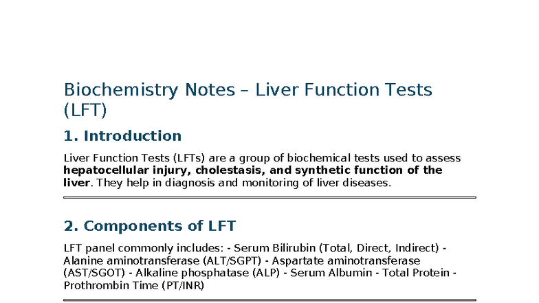 Liver Function Tests (LFT) – Parameters & Interpretation (MLT) - Studocu