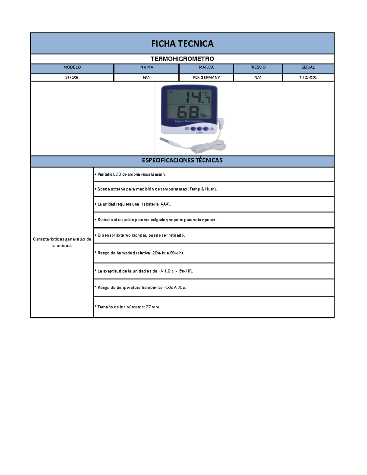 Ficha Tecnica Termohigrometro - INVIMA MARCA RIESGO SERIAL N/A KEX ...