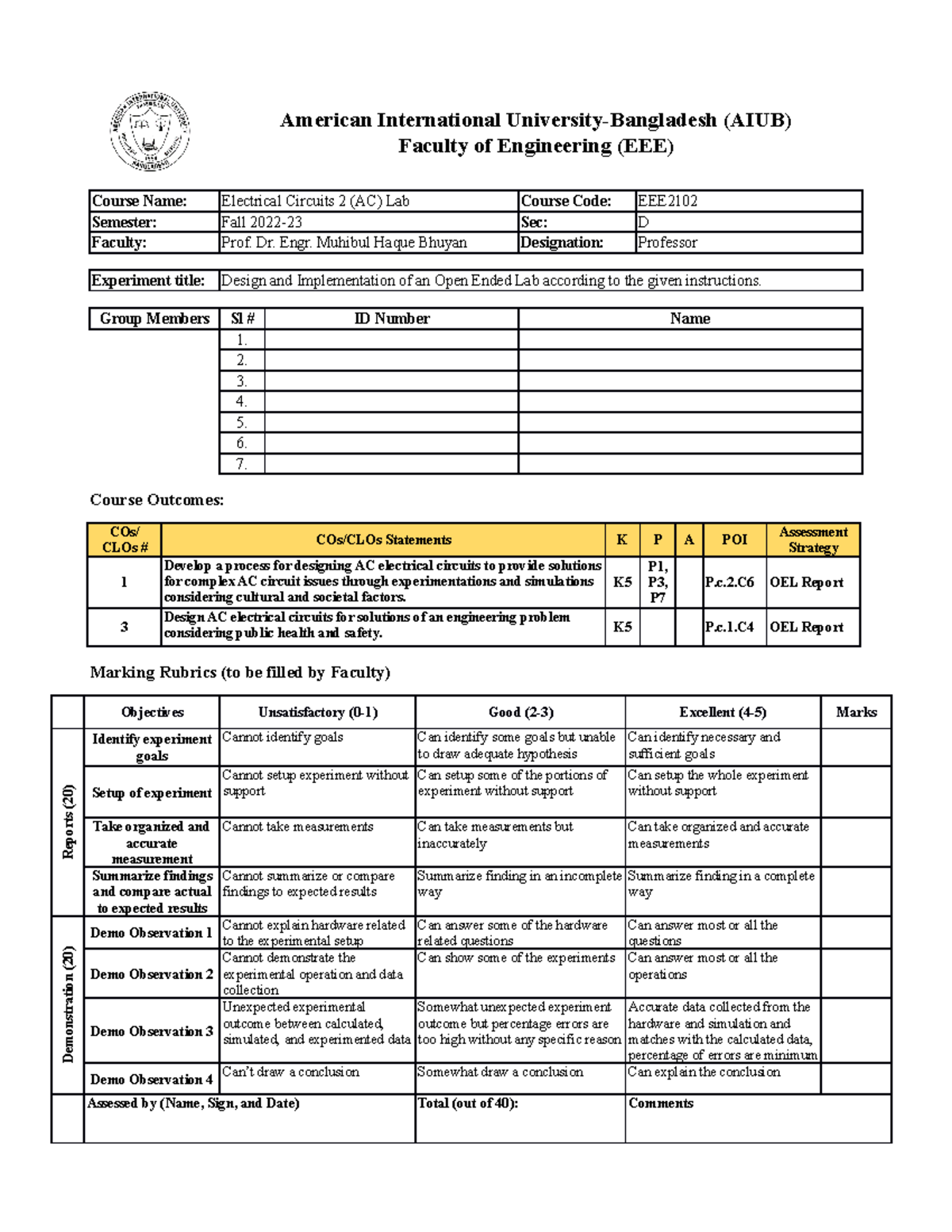 OEL Manual with Rubric for EC2AC Lab Fall2022-23 Students - American ...