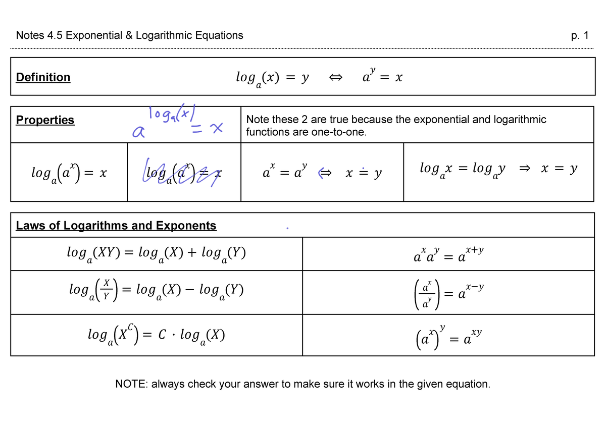 Notes 4.5: Techniques for Solving Exponential & Logarithmic Equations ...