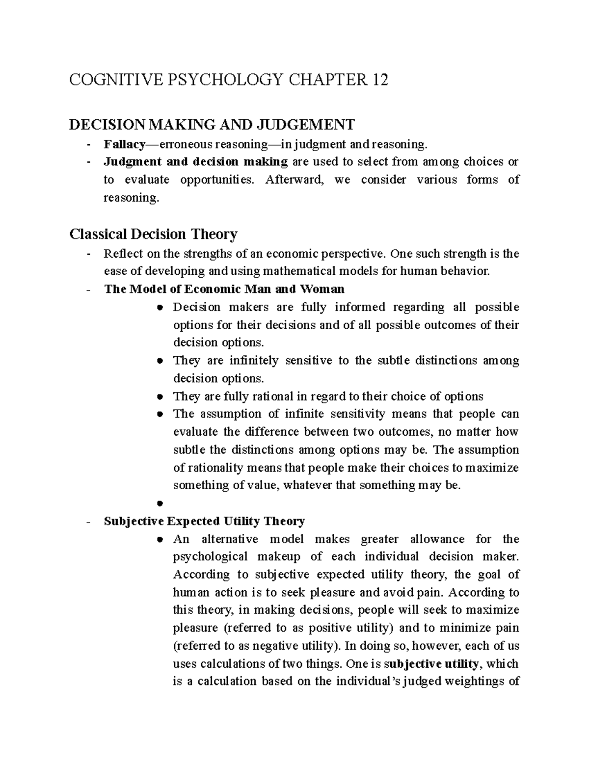 Cognitive Psychology COGN 101 Chapter 12: Decision Making & Judgment ...