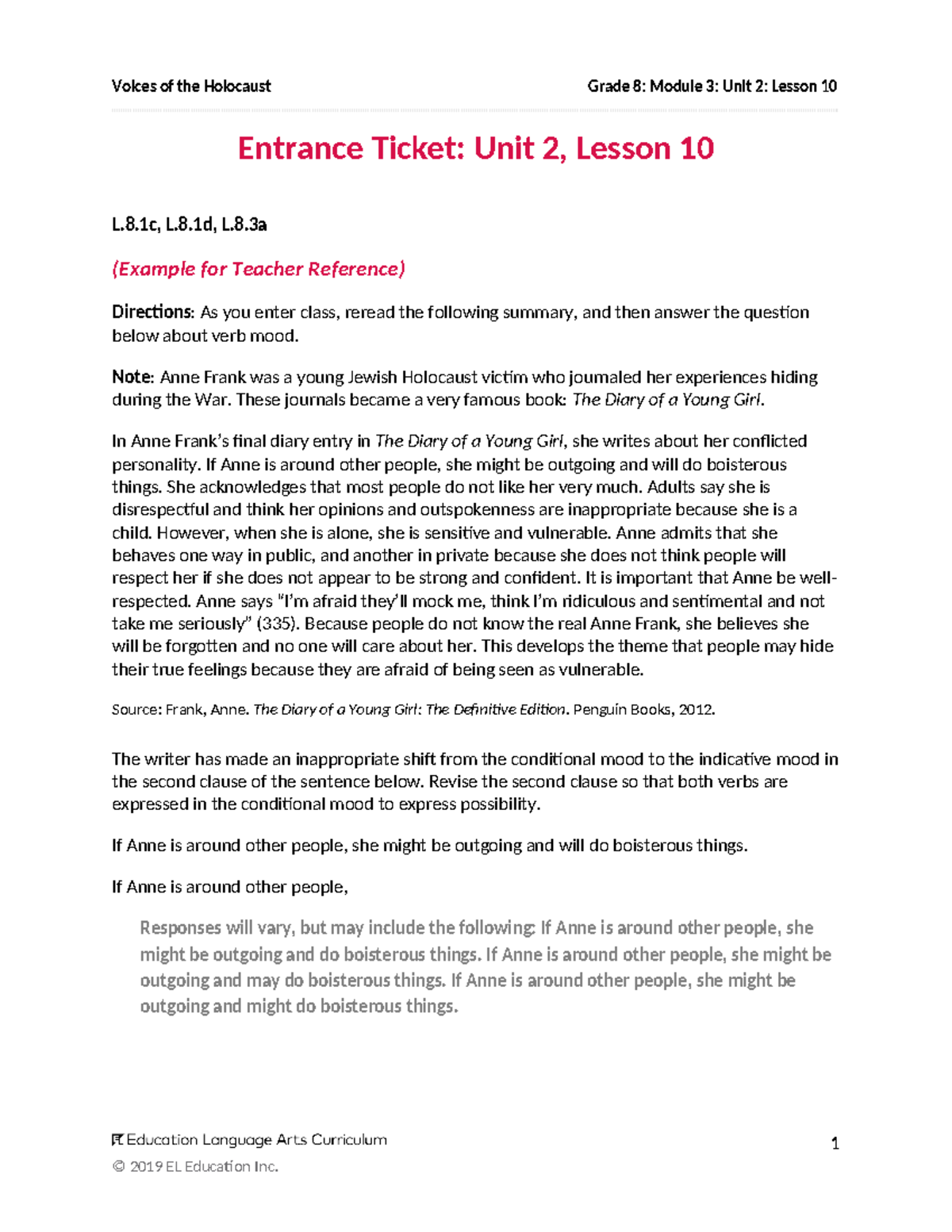 Unit 2, Lesson 10: Analyzing Verb Mood through Anne Frank and Night ...
