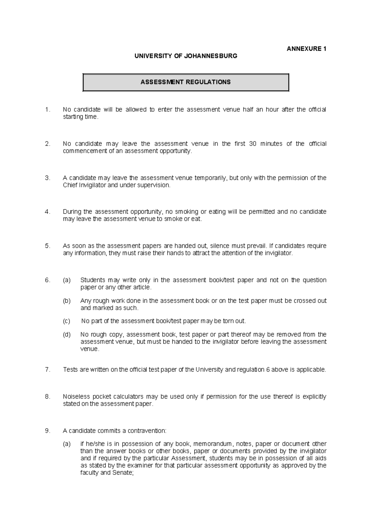 UJ Assessment Regulations: Rules for Candidates During Exams - Studocu