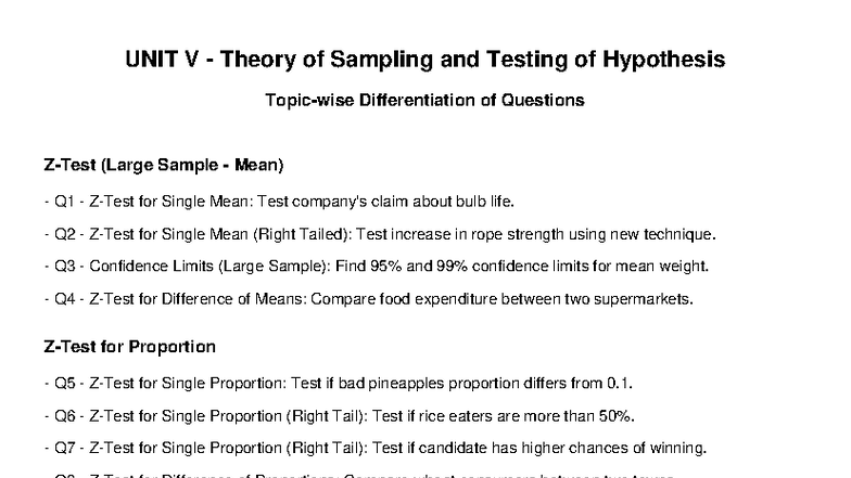 UNIT V Sampling & Hypothesis Testing Questions for Large Samples - Studocu