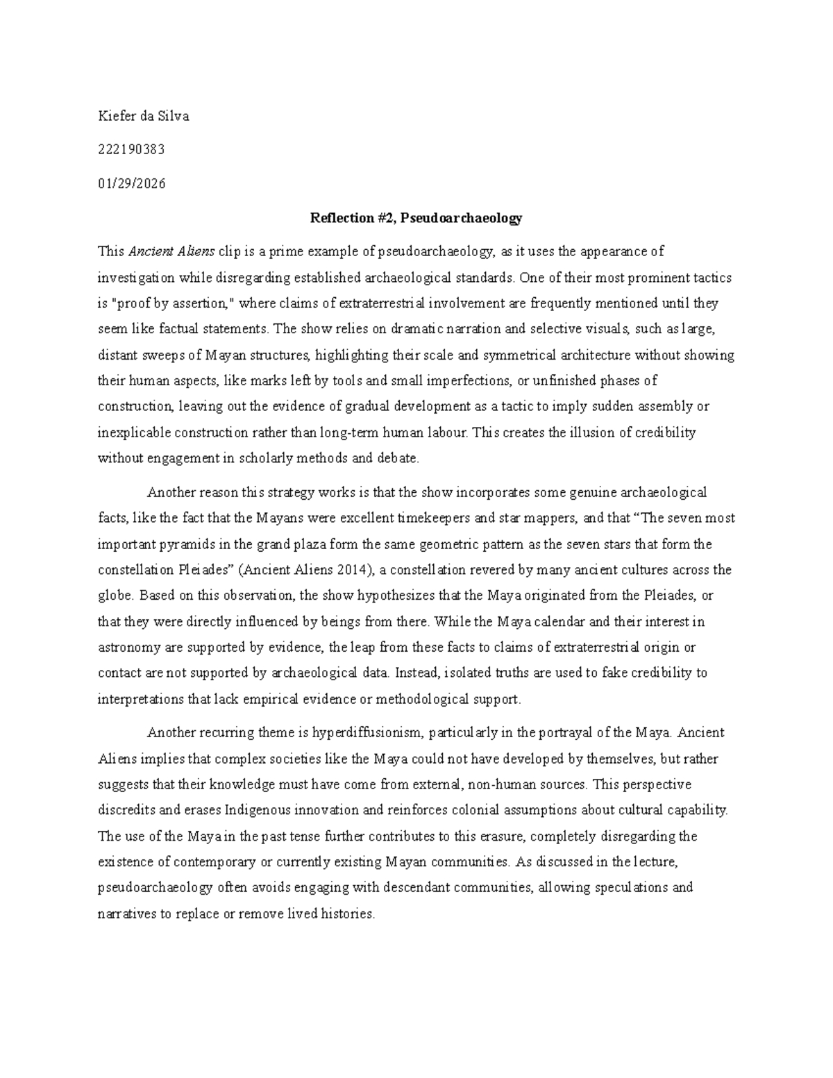 ANTH Reflection #2: Analyzing Pseudoarchaeology in Ancient Aliens - Studocu