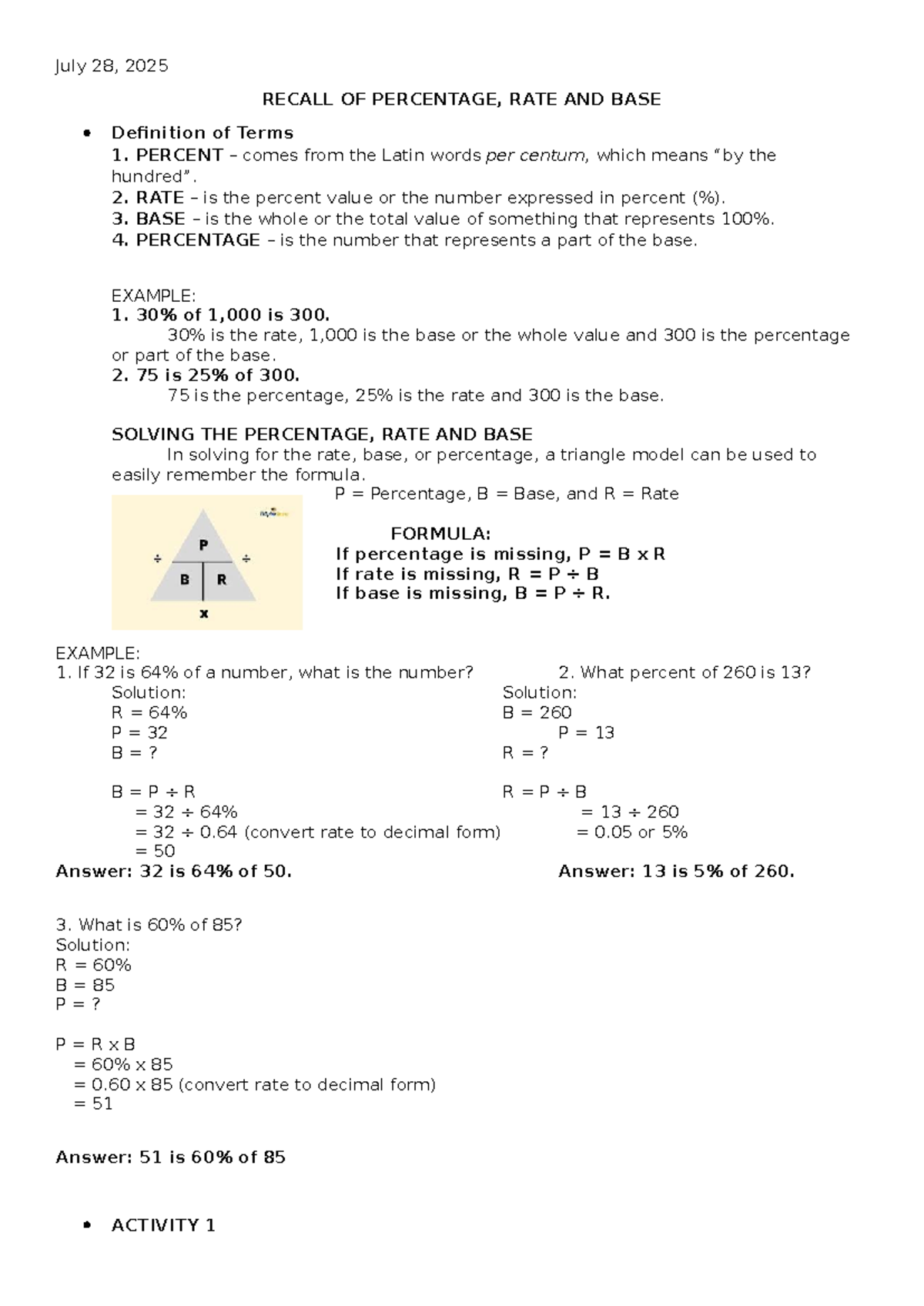 Percentage, Base, and Rate Definitions and Examples - Studocu