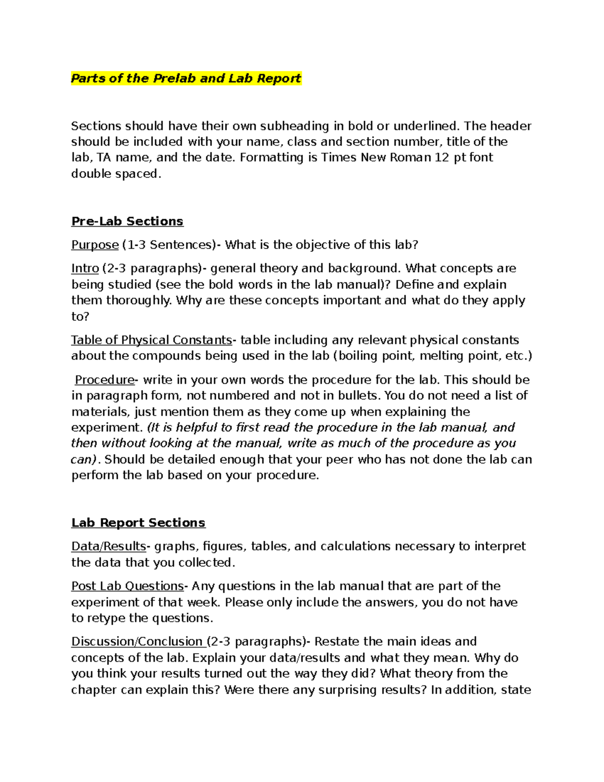 Orgo 1 Parts of the Prelab and Lab Report - Parts of the Prelab and Lab Report Sections should ...
