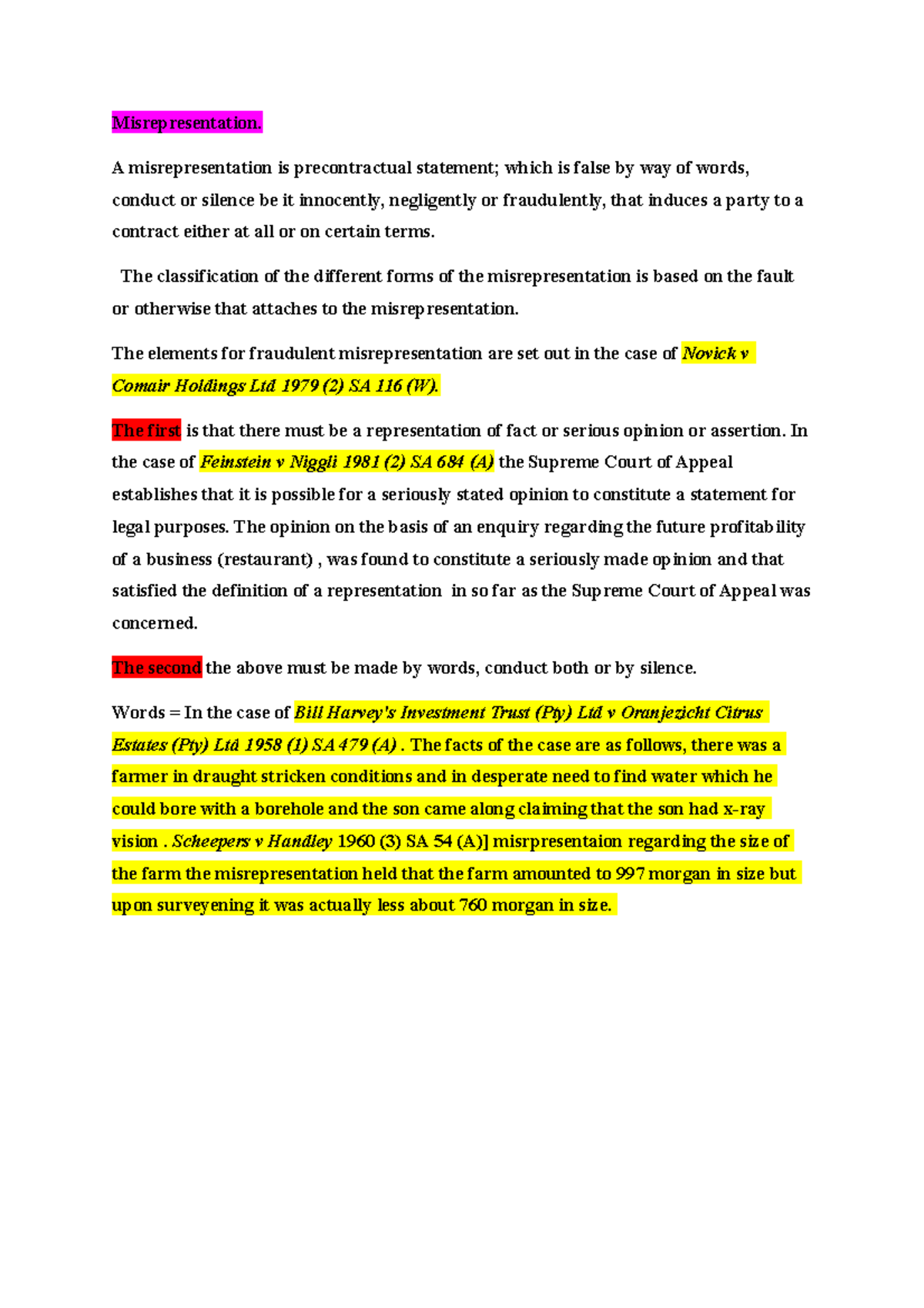 Misrepresentation - Lecture Notes 15 on Contract Law Principles - Studocu