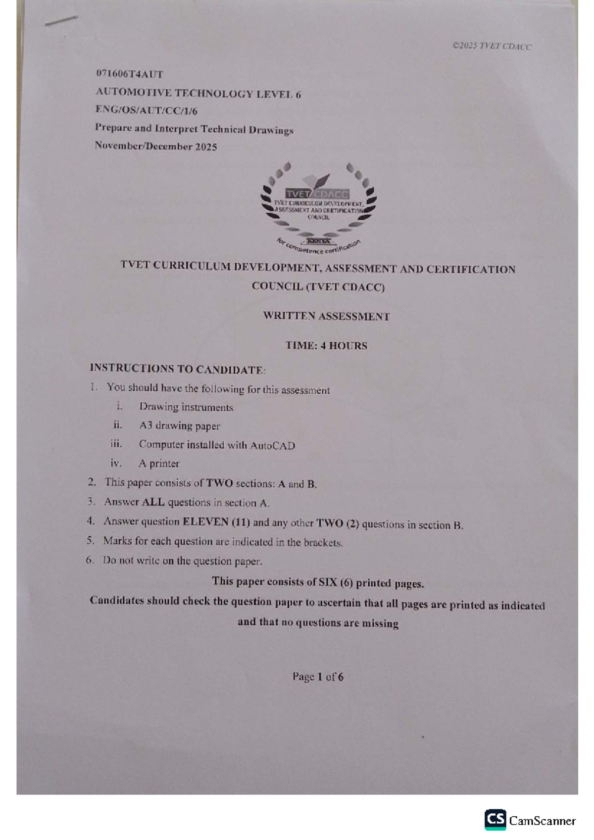 TVET CDACC 071606T4AUT Level 6 Automotive Tech: Technical Drawings Exam ...