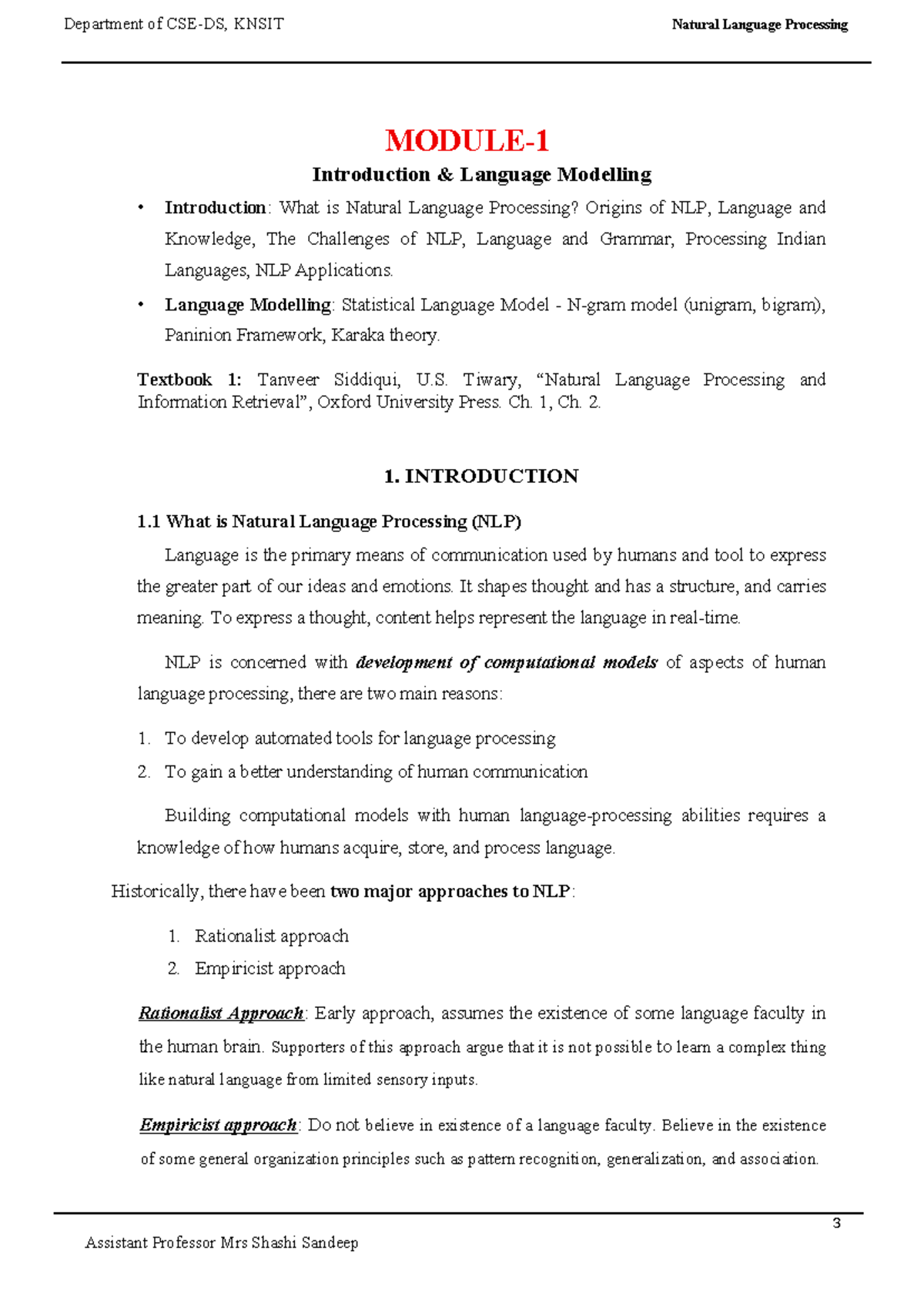 KNSIT BAD613B Natural Language Processing: Intro & Language Modelling ...