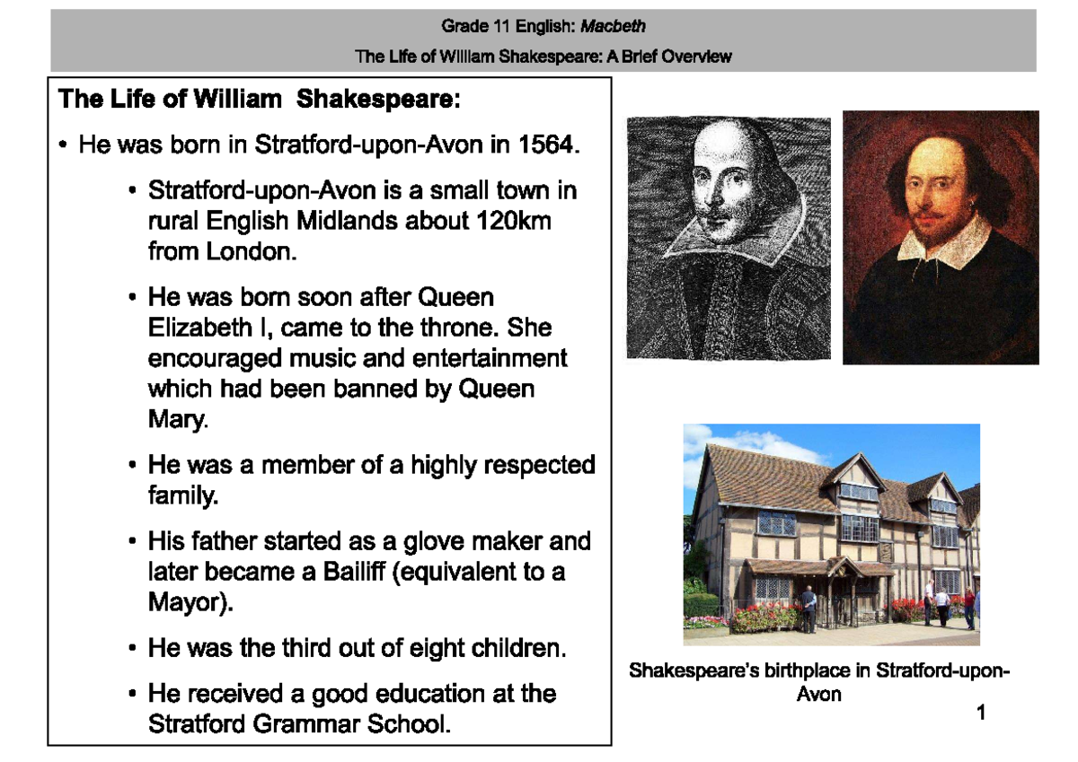Grade 11 English: Macbeth Revision Notes and Overview of Shakespeare ...