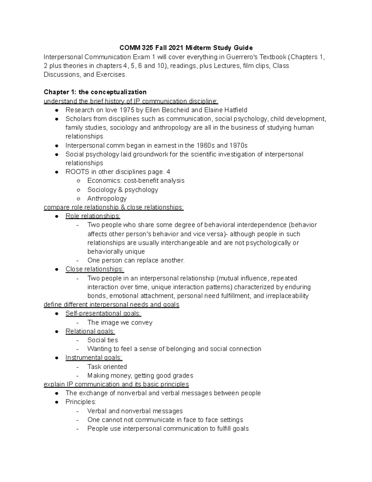 Interpersonal Communication COMM 325 Midterm Study Guide Overview - Studocu