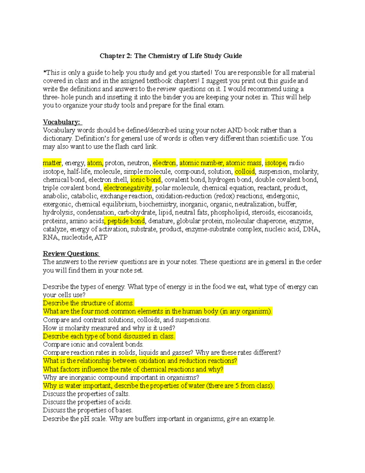 Chapter 2 Chemistry of Life Study Guide for Final Exam - Studocu