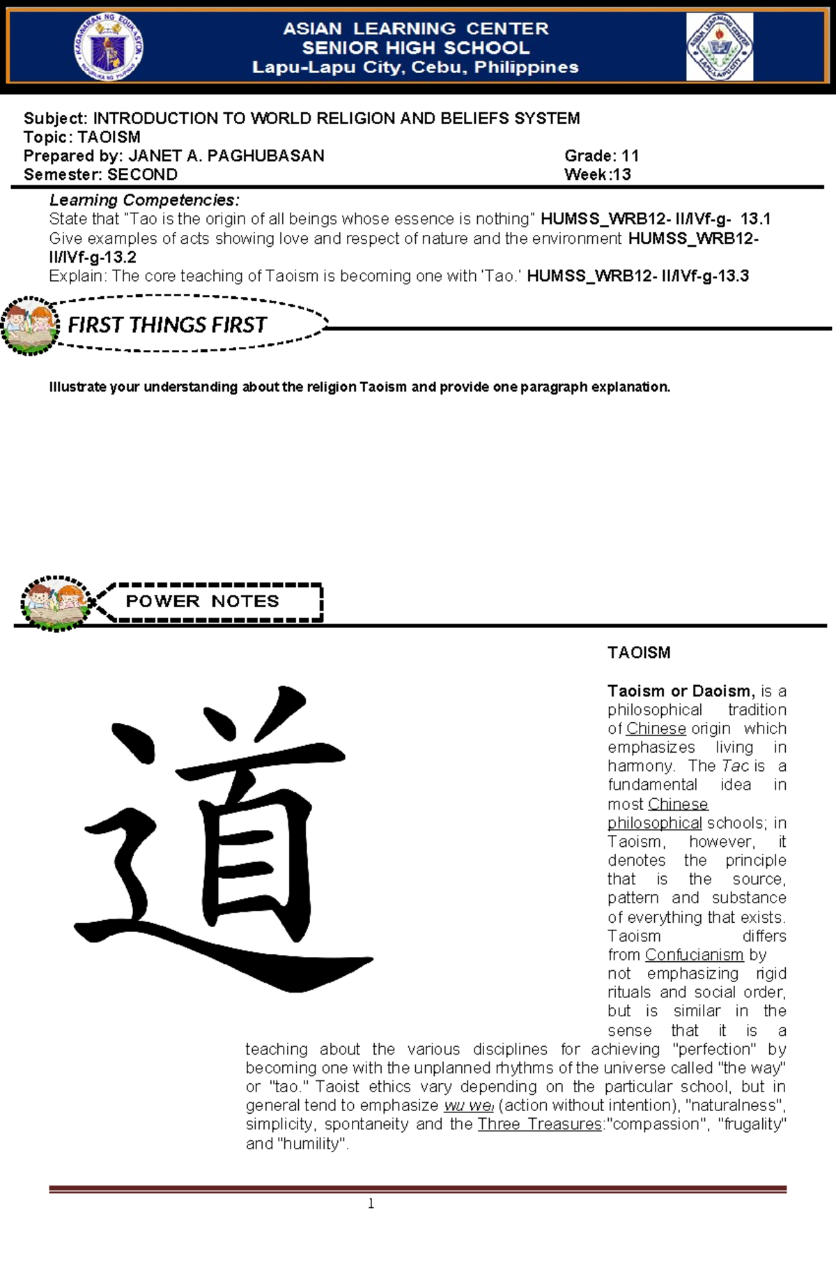 WEEK 13: TAOISM - INTRODUCTION TO WORLD RELIGION AND BELIEF SYSTEMS ...