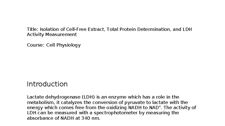 Title: Cell Physiology Lab: LDH Activity & Protein Determination ...