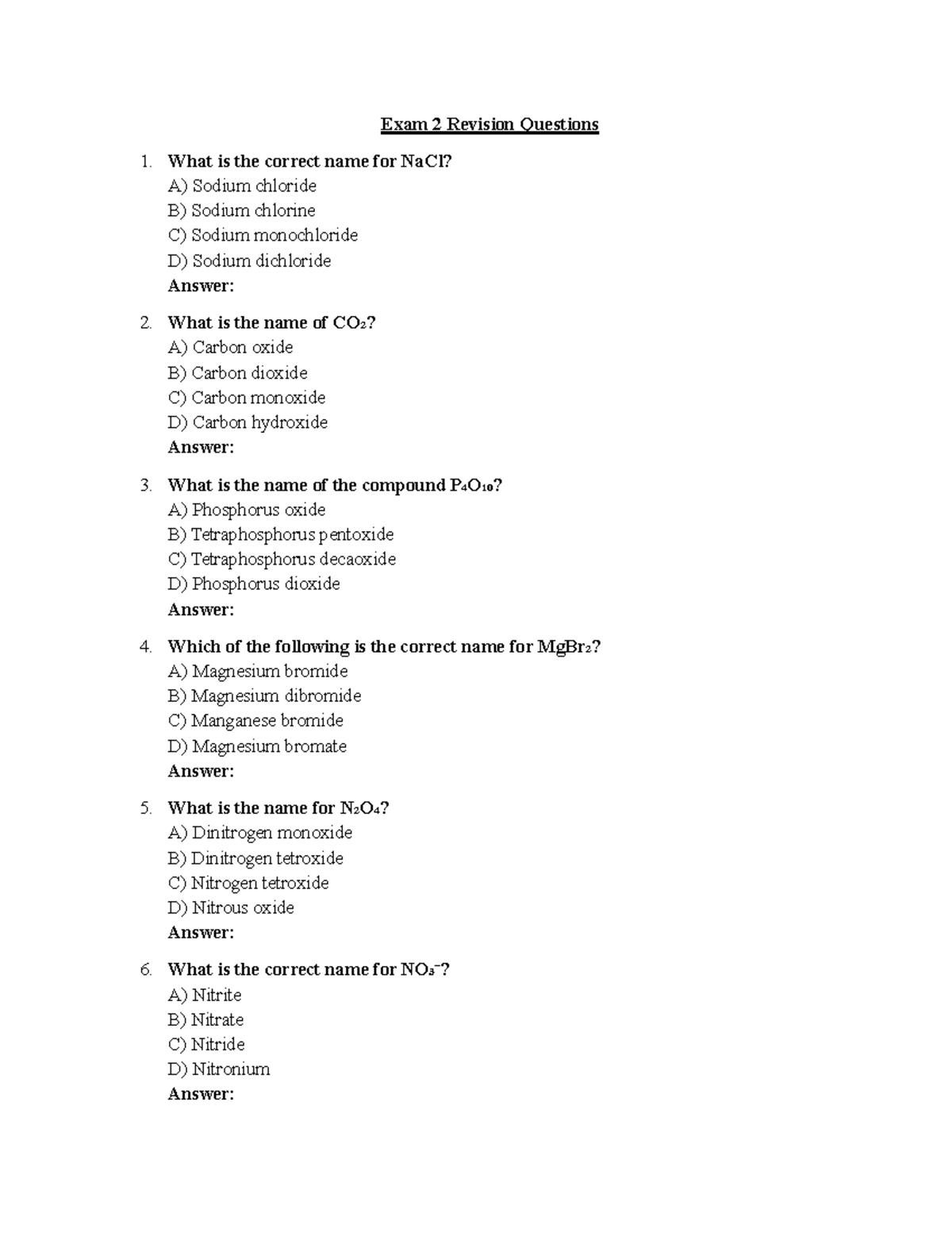 Exam 2 Practice Questions for Chemistry Concepts and Compounds - Studocu