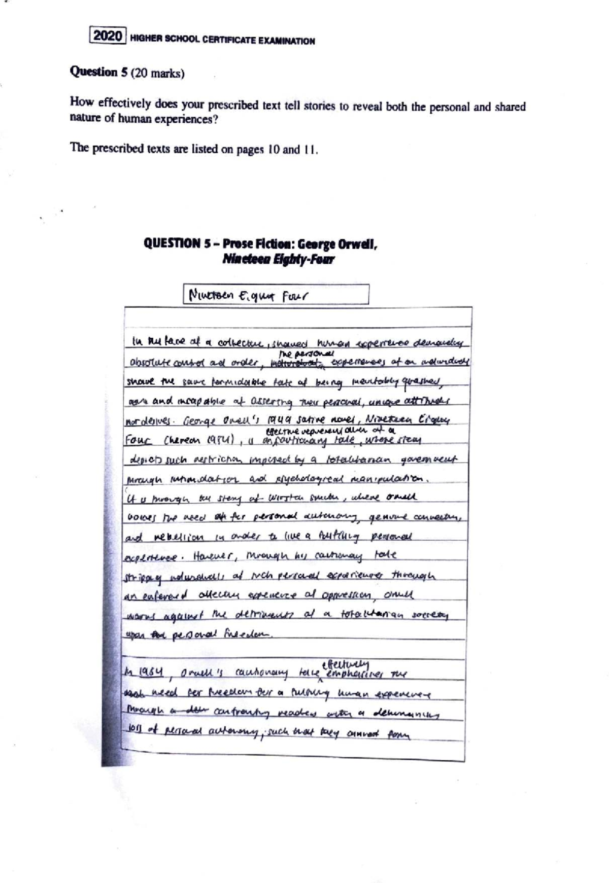 12020 IHIGHER SCHOOL CERTIFICATE EXAMINATION: 1984 Sample Essay ...