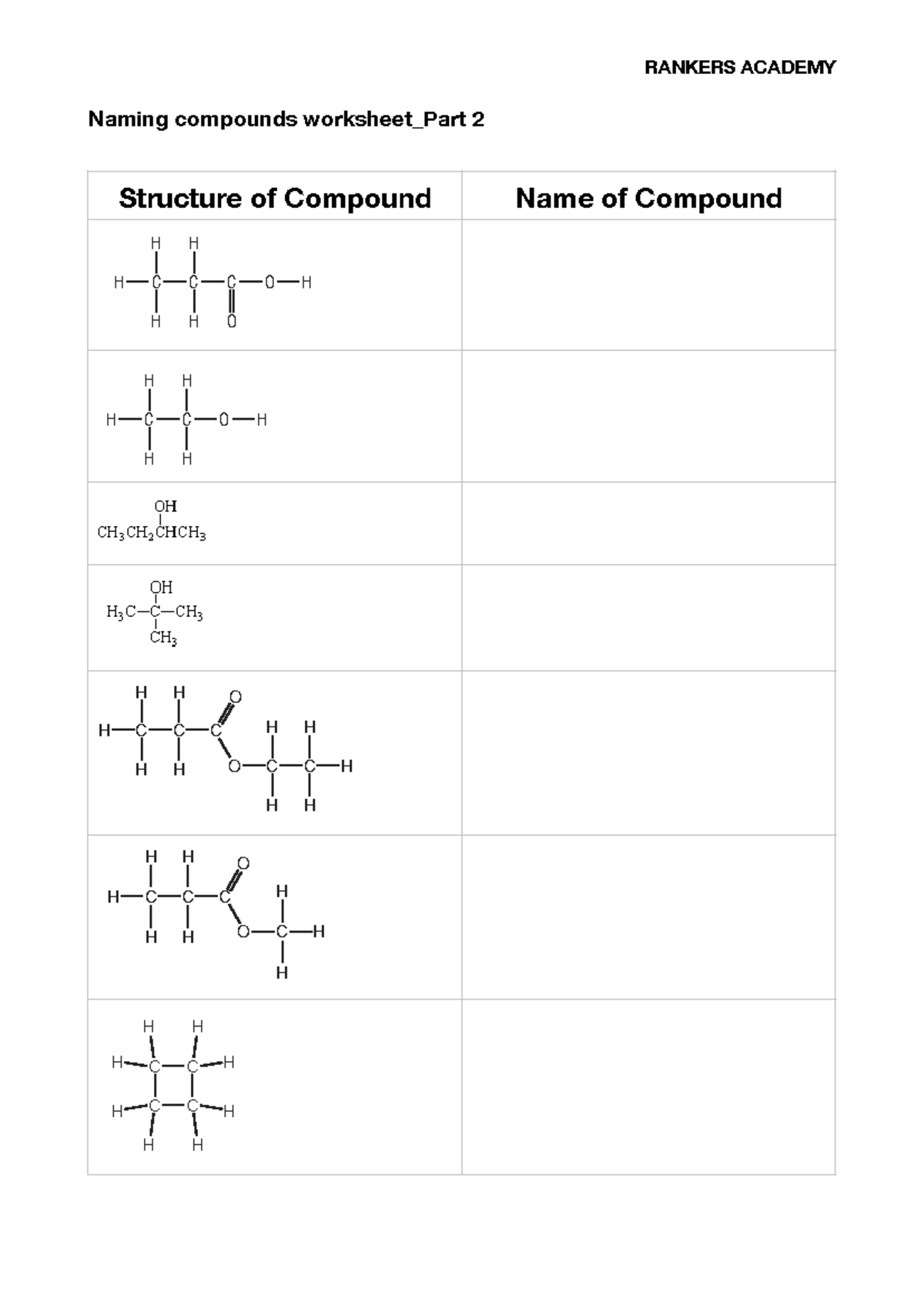 Naming Organic Compounds Worksheet 2 - RANKERS ACADEMY - Studocu
