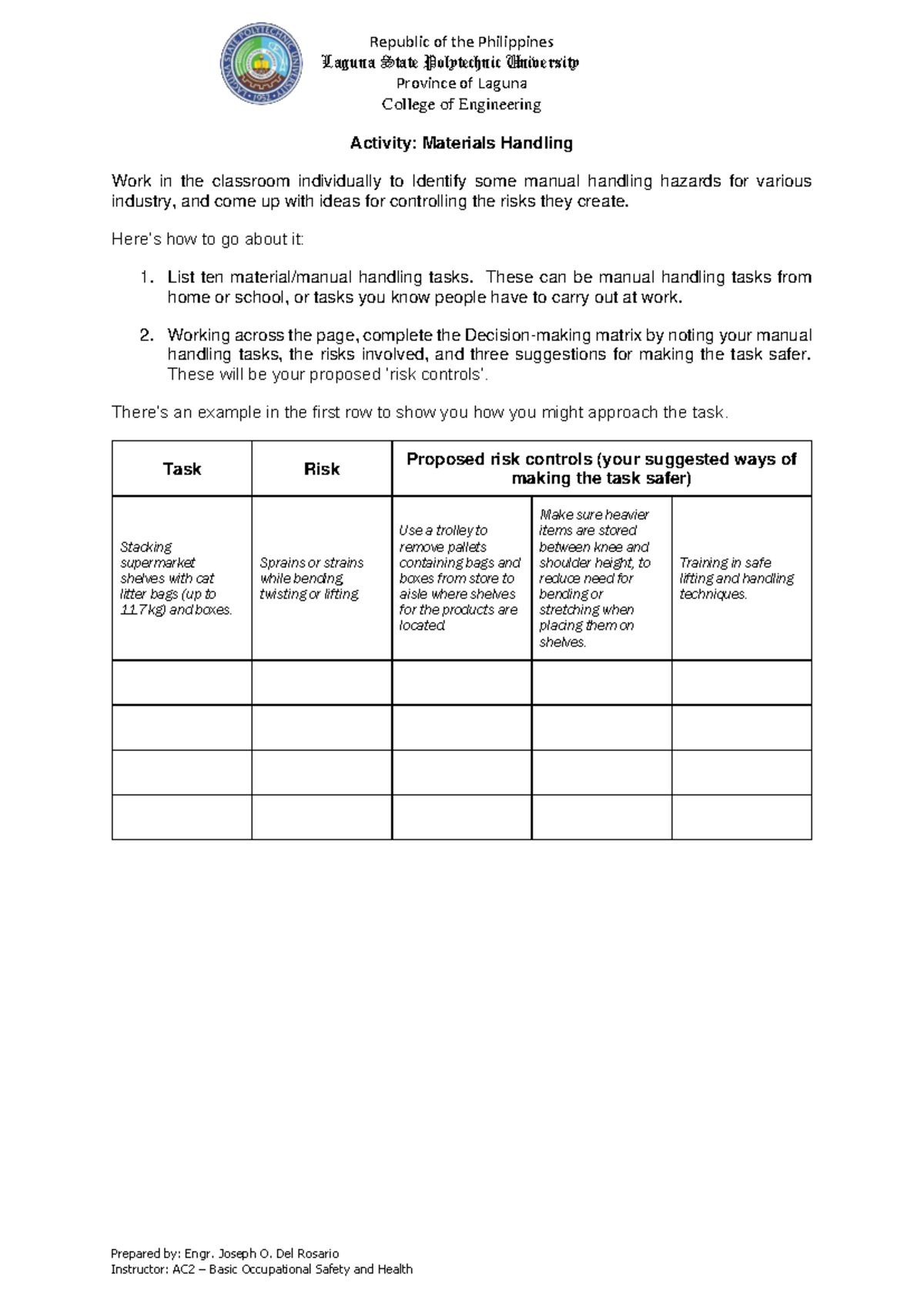 AC2 Activity: Manual Handling Hazards and Risk Control Strategies - Studocu