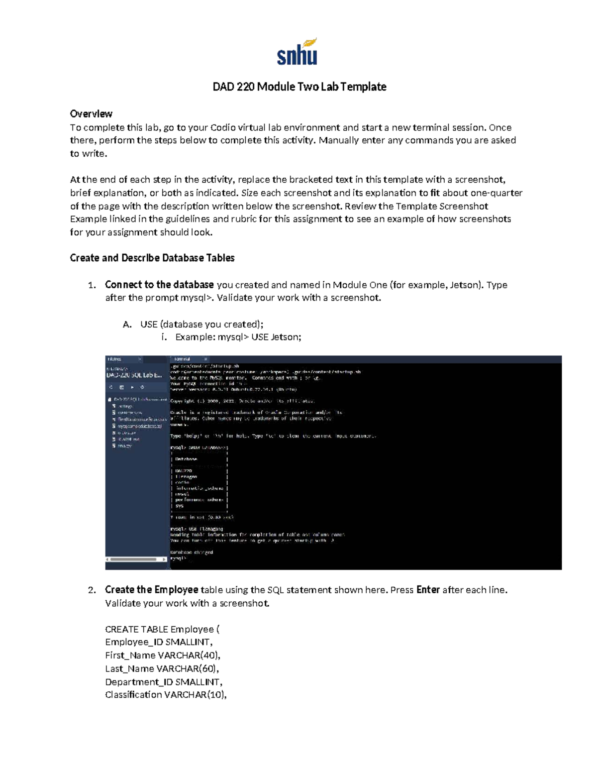 DAD 220 Module Two Lab: Database Table Creation Guide - Studocu