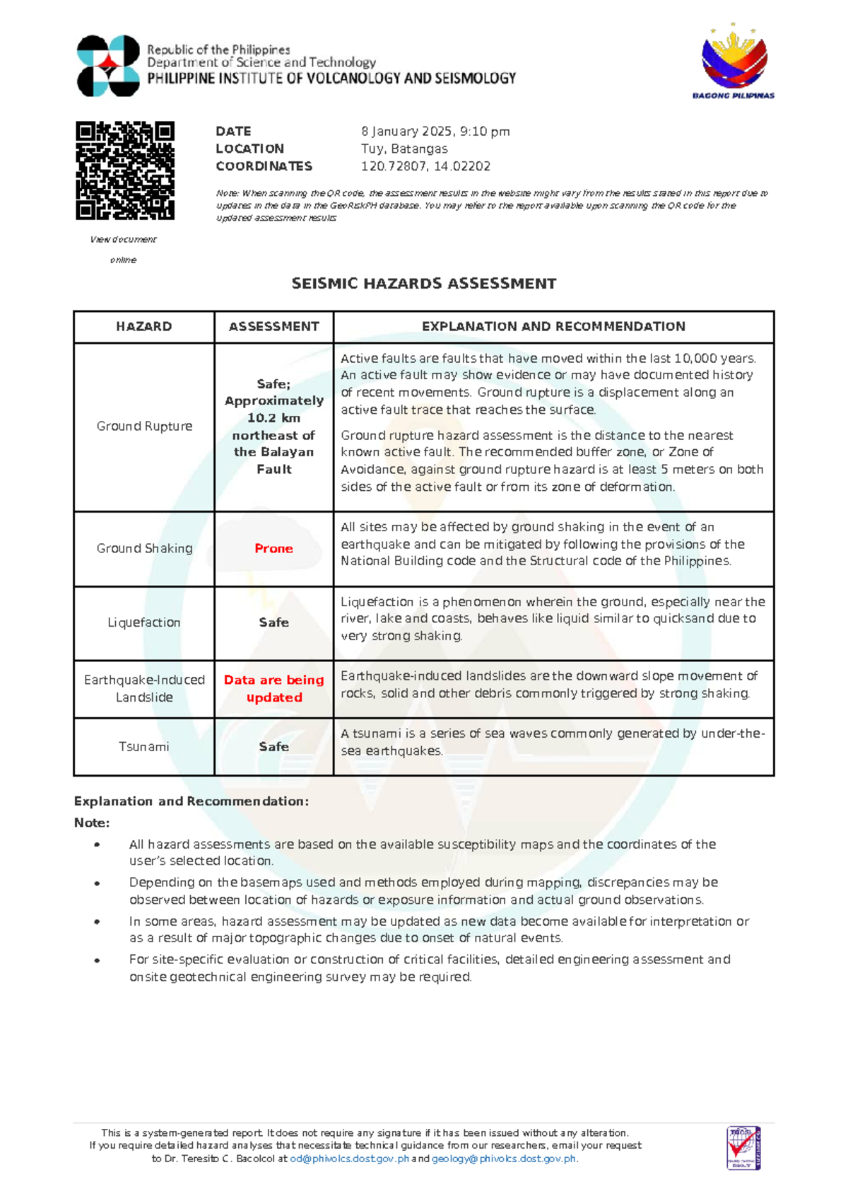 211044 Hazard Assessment Report - Explanation and Recommendation: Note ...