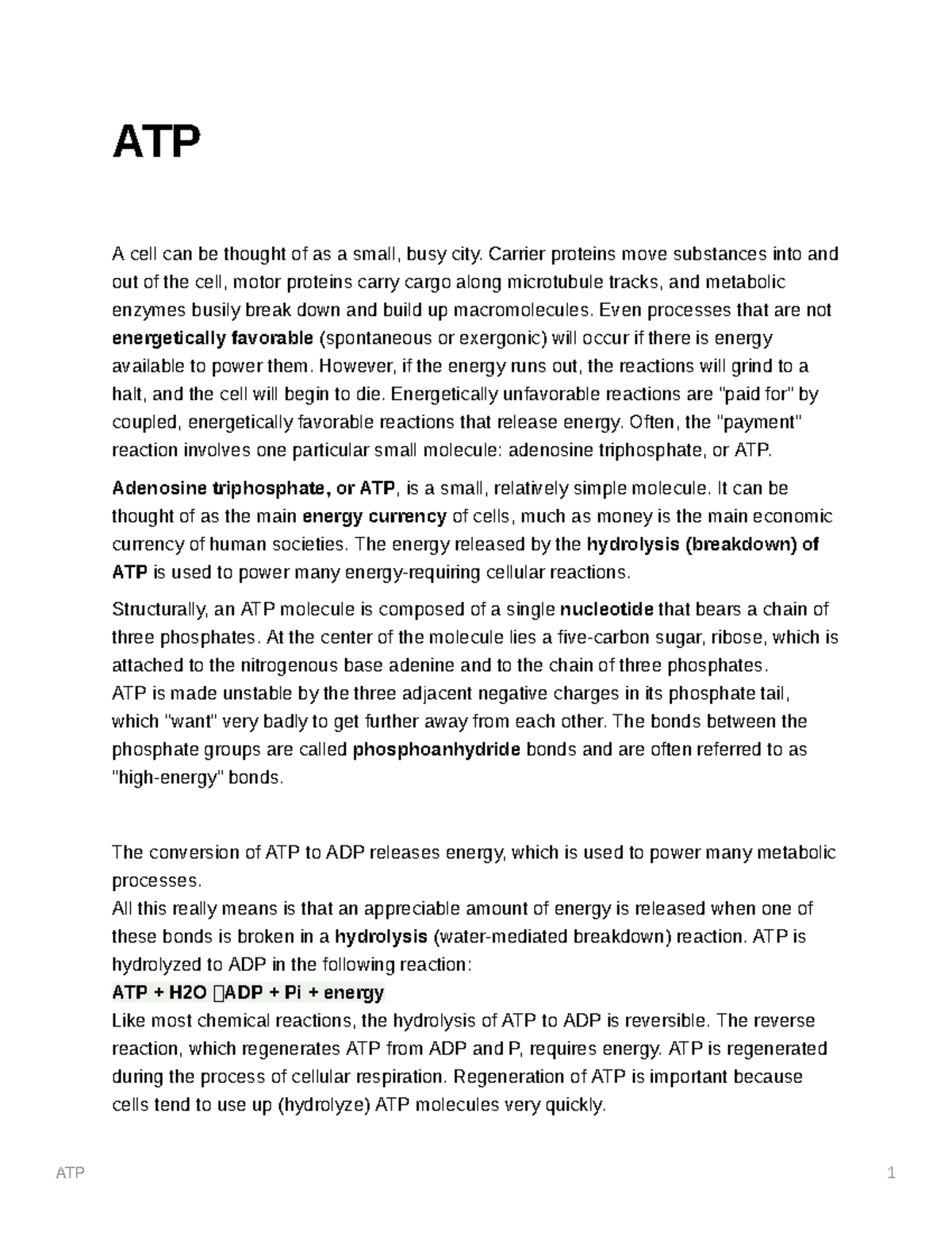 ATP - In-Class Notes on Energy Currency and Cellular Processes - Studocu