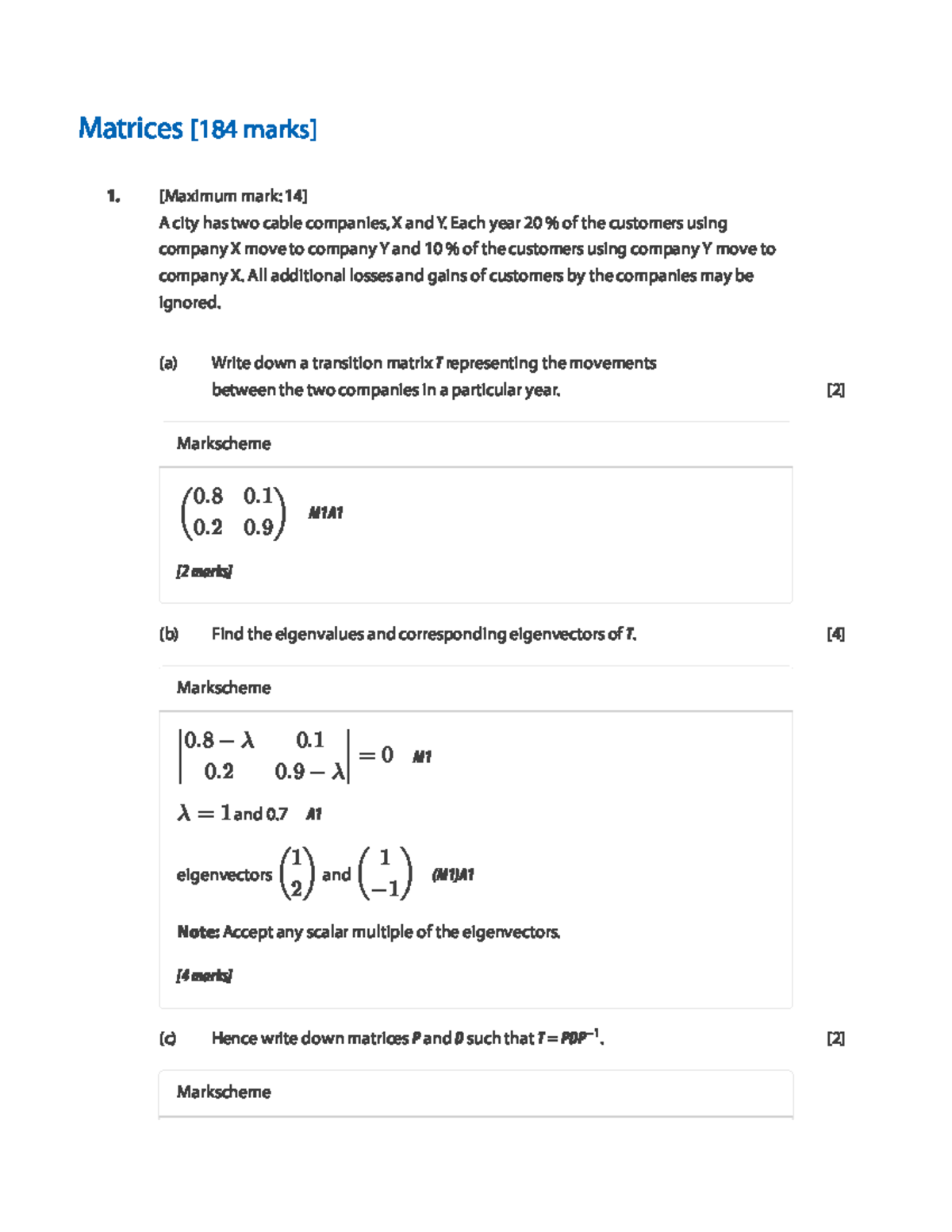Matrices 2: Transition Matrices and Eigenvalues Analysis (M1A1) - Studocu