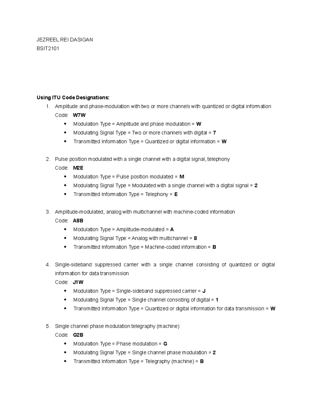 Dasigan-TP - assessment - JEZREEL REI DASIGAN BSIT Using ITU Code Designations: 1. Amplitude and ...