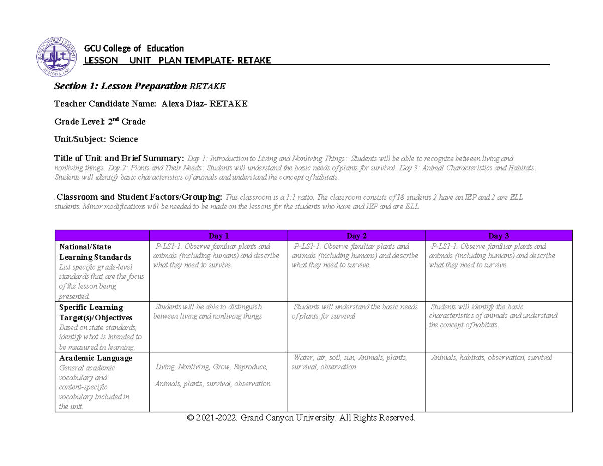 2nd Grade Science Unit Plan: Living vs. Nonliving (Retake) - Studocu