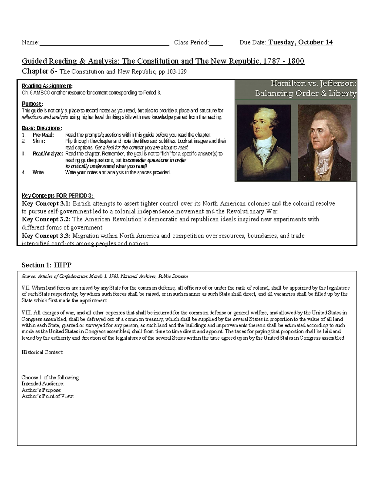 AMSCO APUSH Chapter 6 Guided Reading: The Constitution & New Republic ...